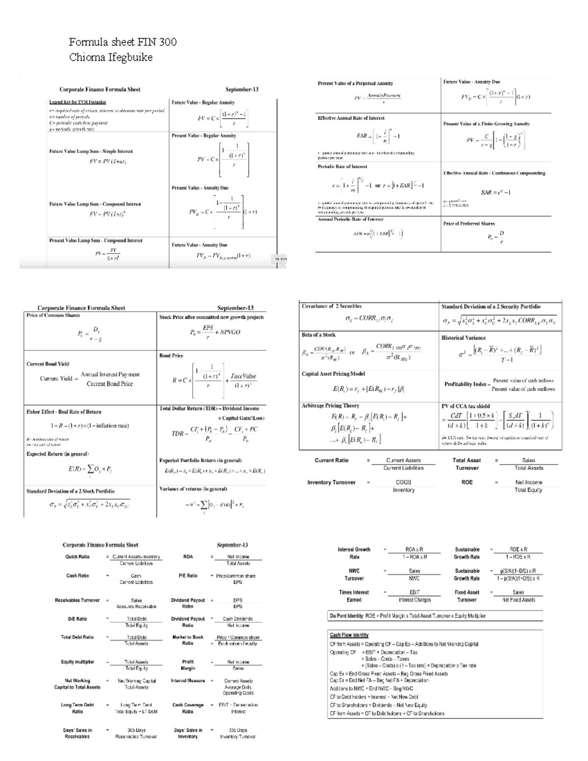 Fin300 formular sheet - Formula sheet FIN 300 Chioma Ifegbuike Present ...