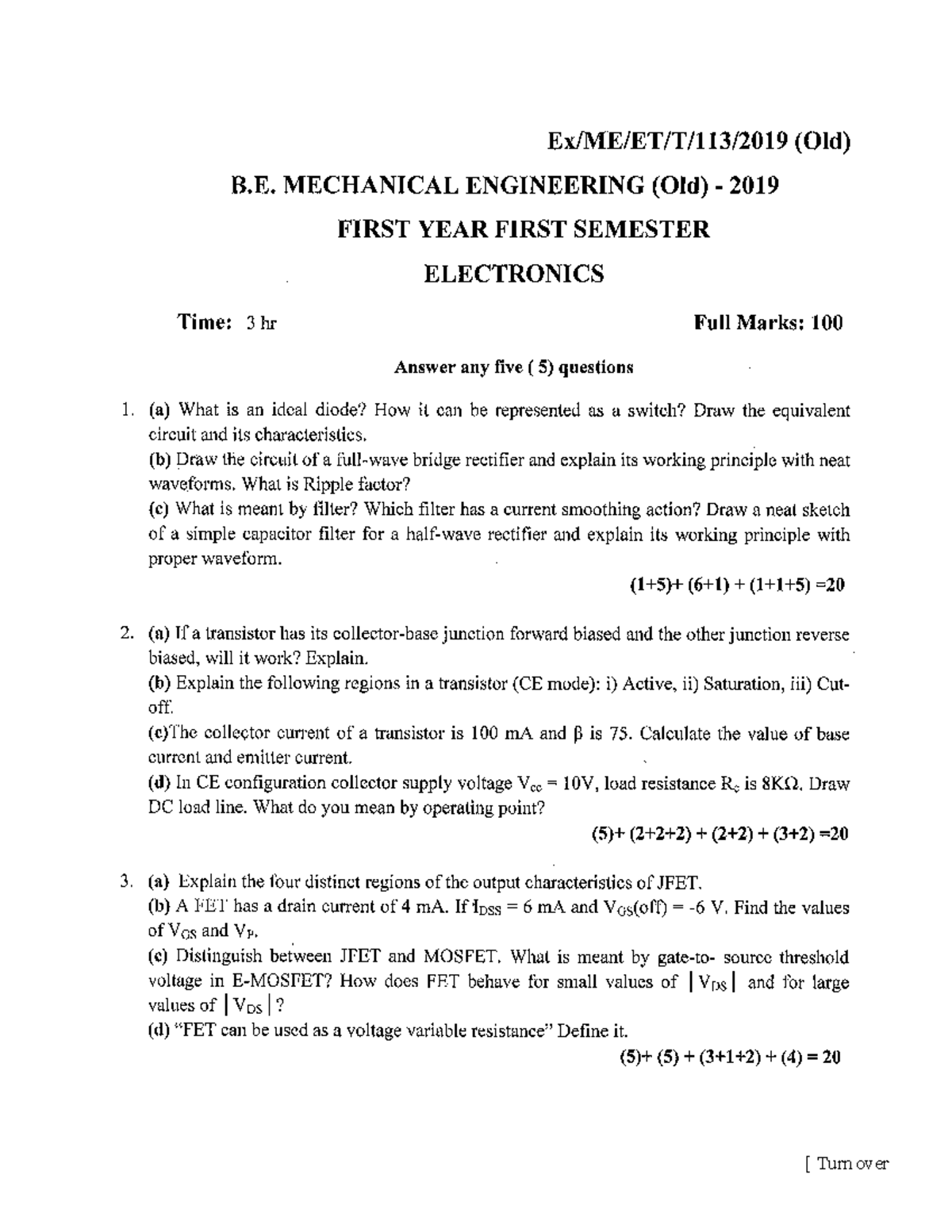 Electronics (old) - Questions - mechanical engineering - [ Turn over ...