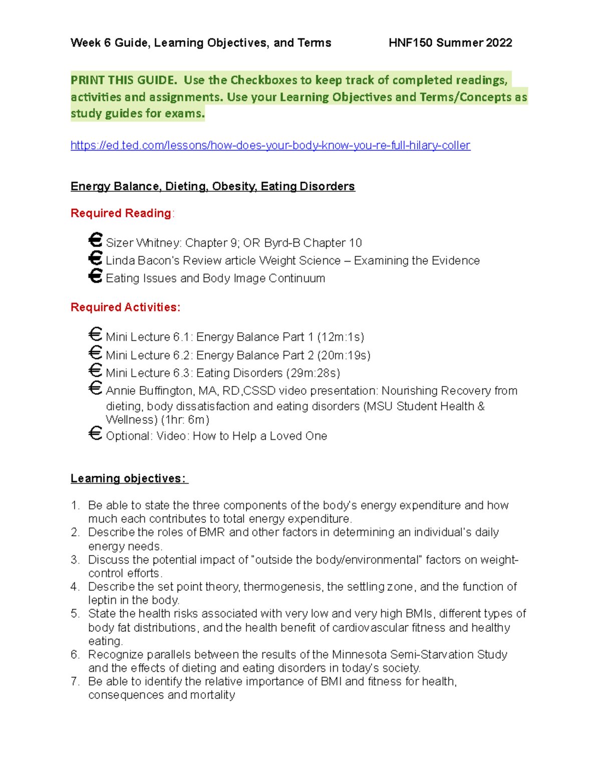 W6 Content Guide - Week 6 Guide, Learning Objectives, and Terms HNF150 ...