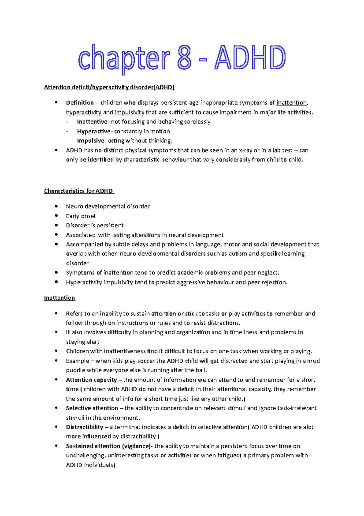 Chapter 8 - ADHD - Chpt 8 ADHD Slide show and textbook summaries ...