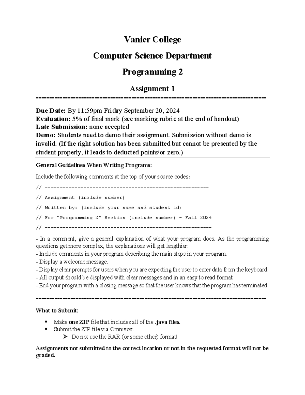 Assignment 1 - Vanier College Computer Science Department Programming 2 ...