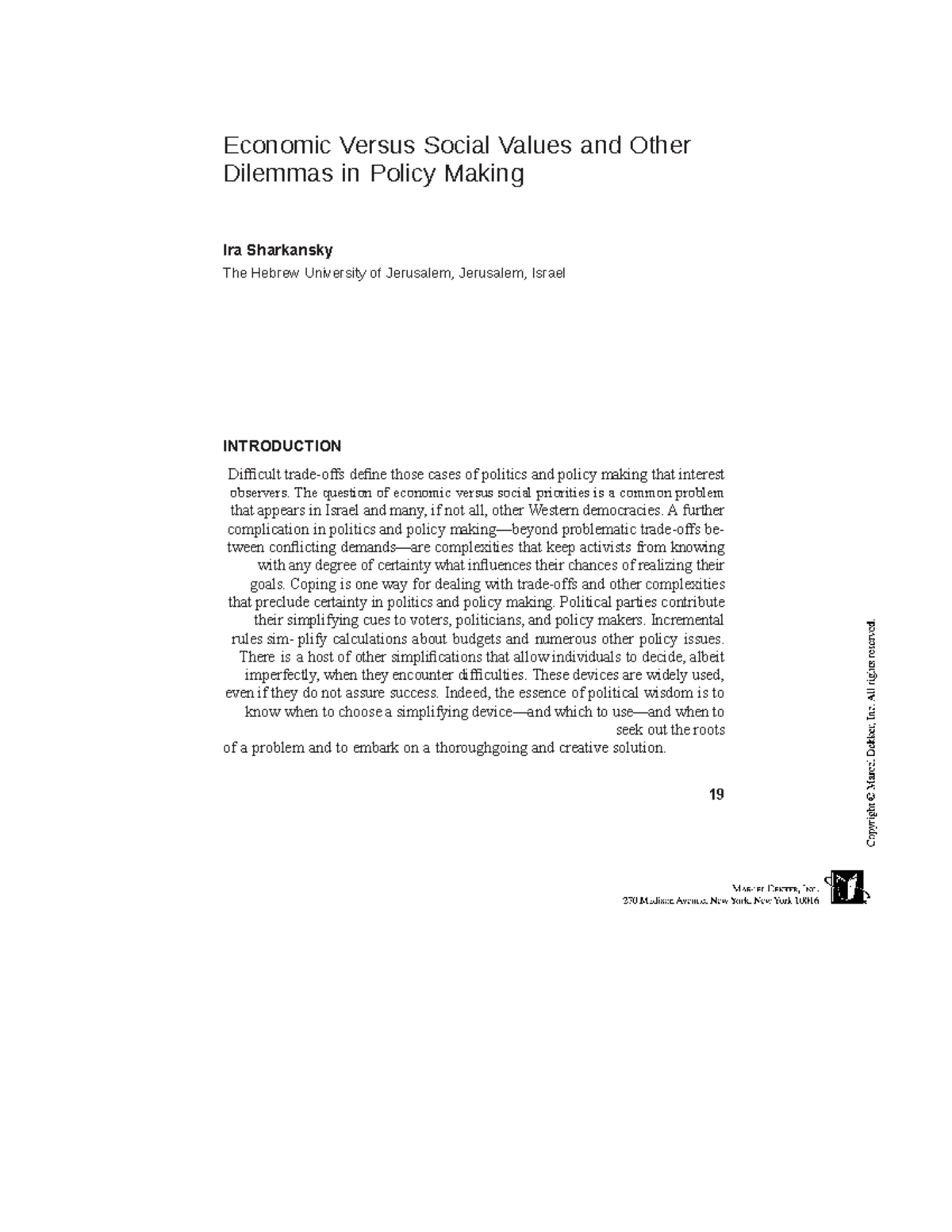 Economic Versus Social Values and Other Dilemmas in Policy Making ...