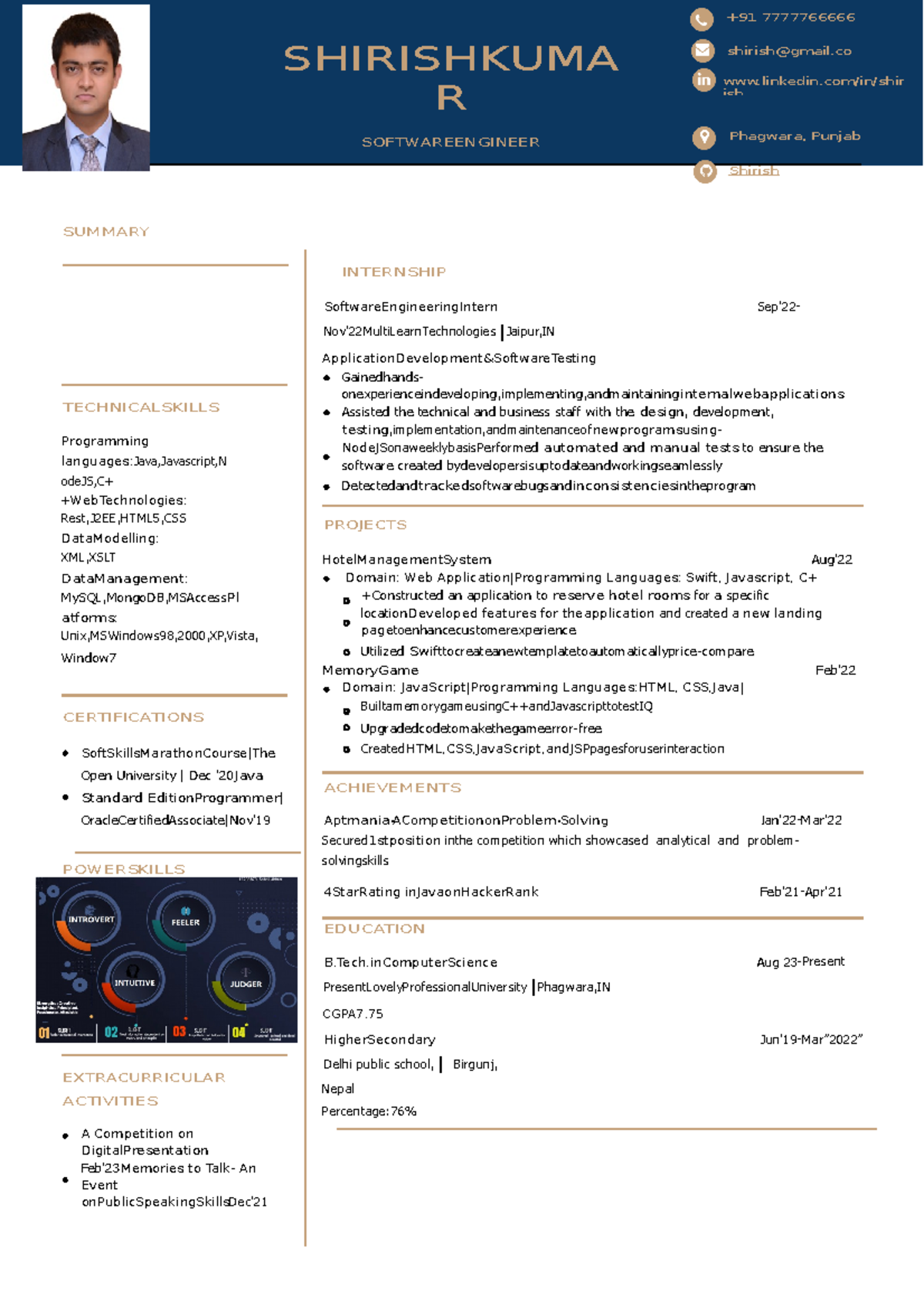 Shirish Kumar Software Engineer newCV - SHIRISHKUMA R SOFTWAREENGINEER SUMMARY TECHNICALSKILLS ...