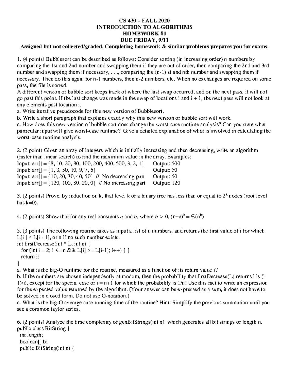 CS430Homework1-8 - CS 430 – FALL 2020 INTRODUCTION TO ALGORITHMS ...