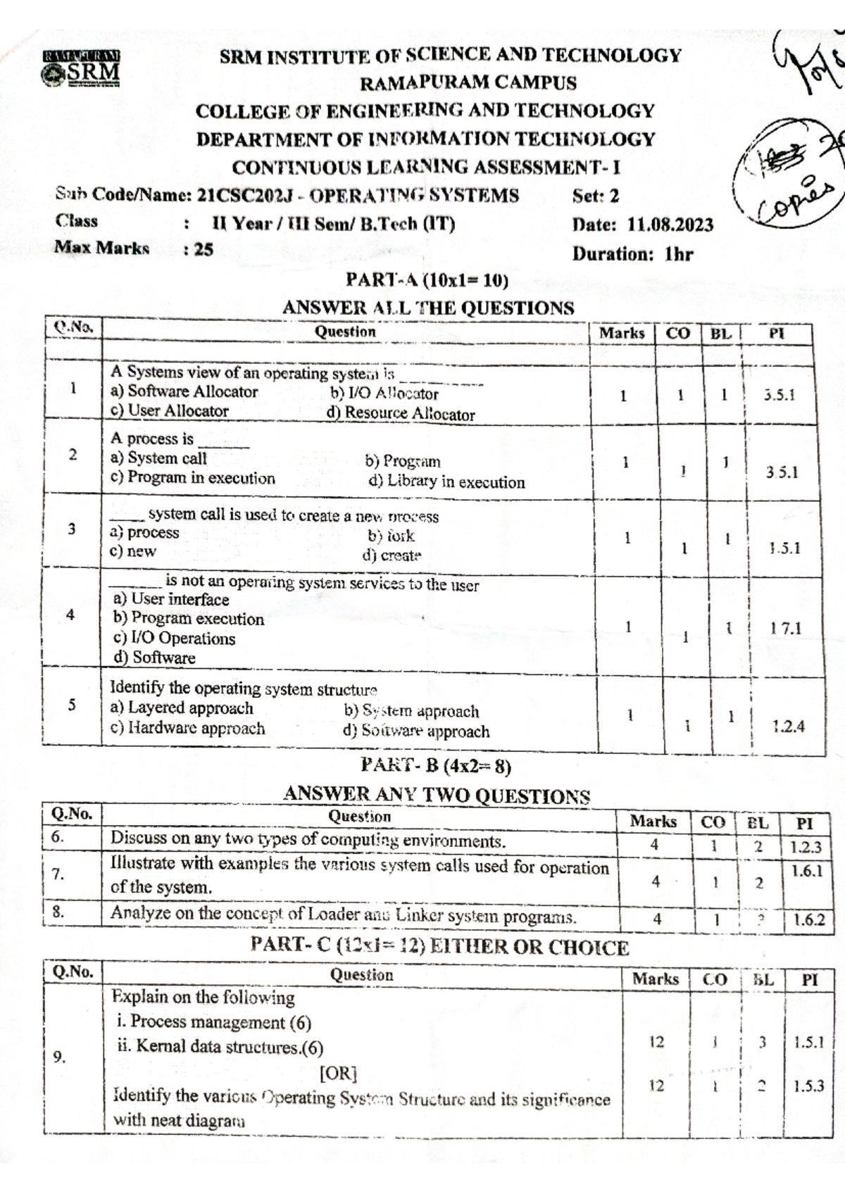 OS sem3 CT papers - RAMAPURAM SRM INSTITUTE OF SCIENCE AND TECHNOLOGY SRM RAMAPURAM CAMPUS got I ...