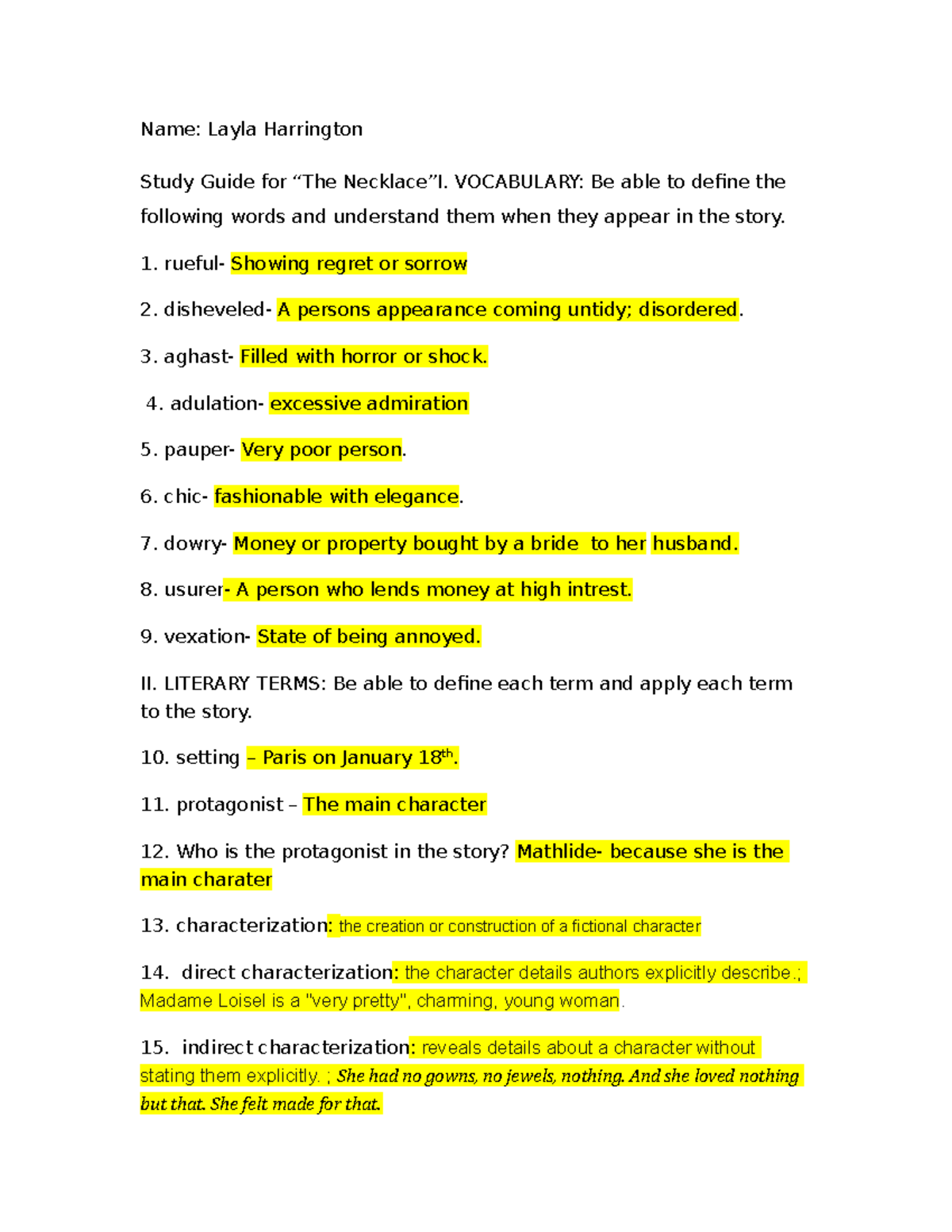 Reading Guide - The Necklace - Name: Layla Harrington Study Guide for ...