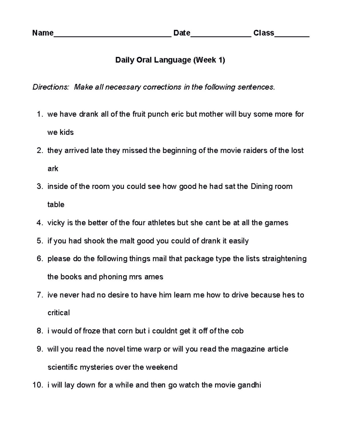 D.O.L. Week 1 - dol - Name___________________________ Date ...