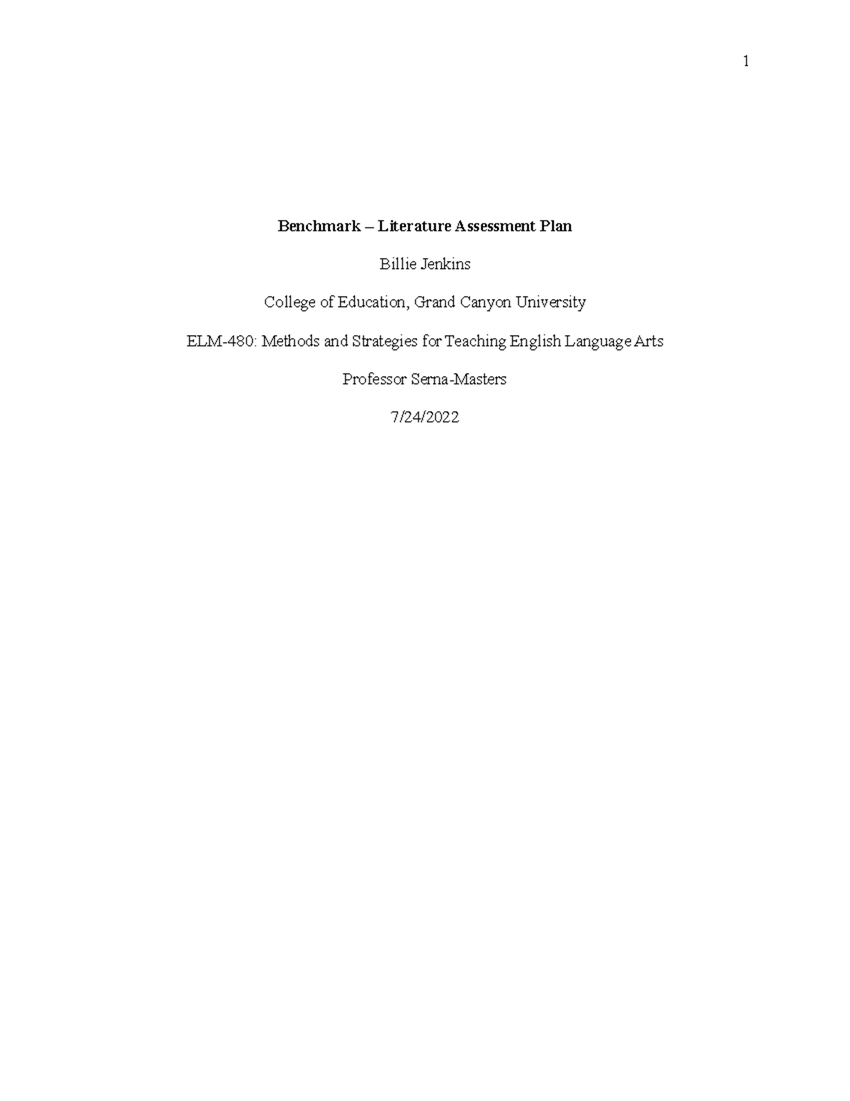 Benchmark – Literature Assessment Plan - Formative assessments, in ...
