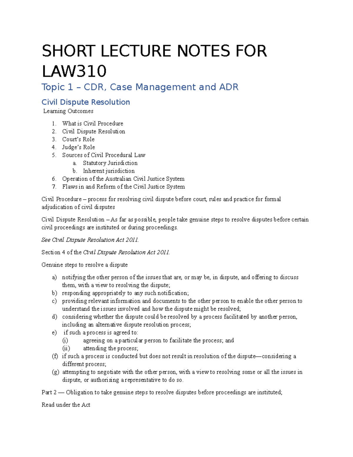 Short Lecture Notes FOR LAW310 - SHORT LECTURE NOTES FOR LAW Topic 1 ...