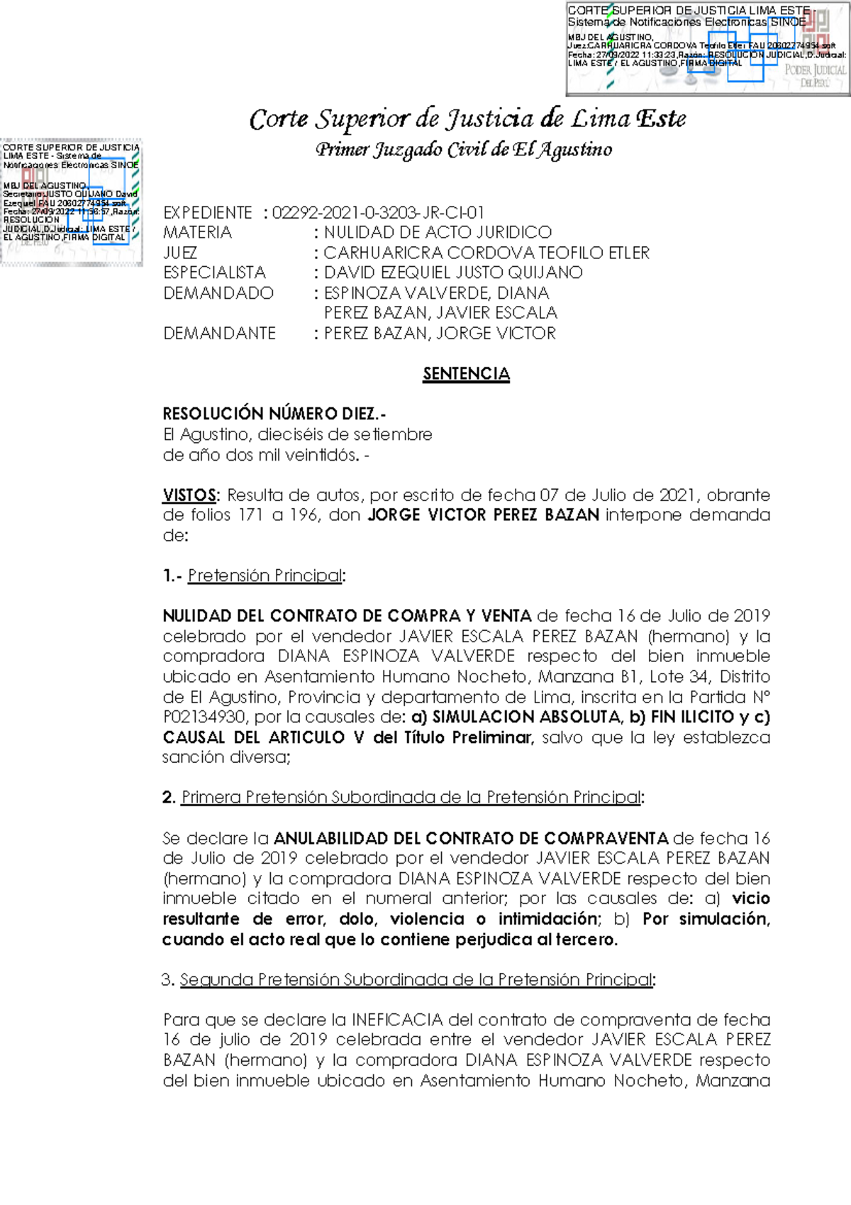 Nulidad DE ACTO Juridico- Sentencia N°2292-2021 - Corte Superior de Justicia de LimaCorte ...