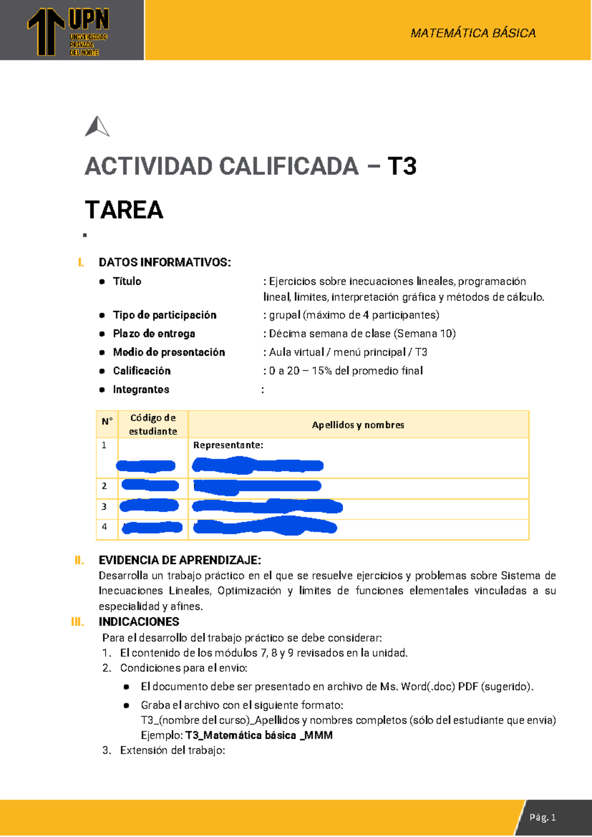 T3 Matemática básica - T3 de mate basica - ACTIVIDAD CALIFICADA – T TAREA I. DATOS INFORMATIVOS ...