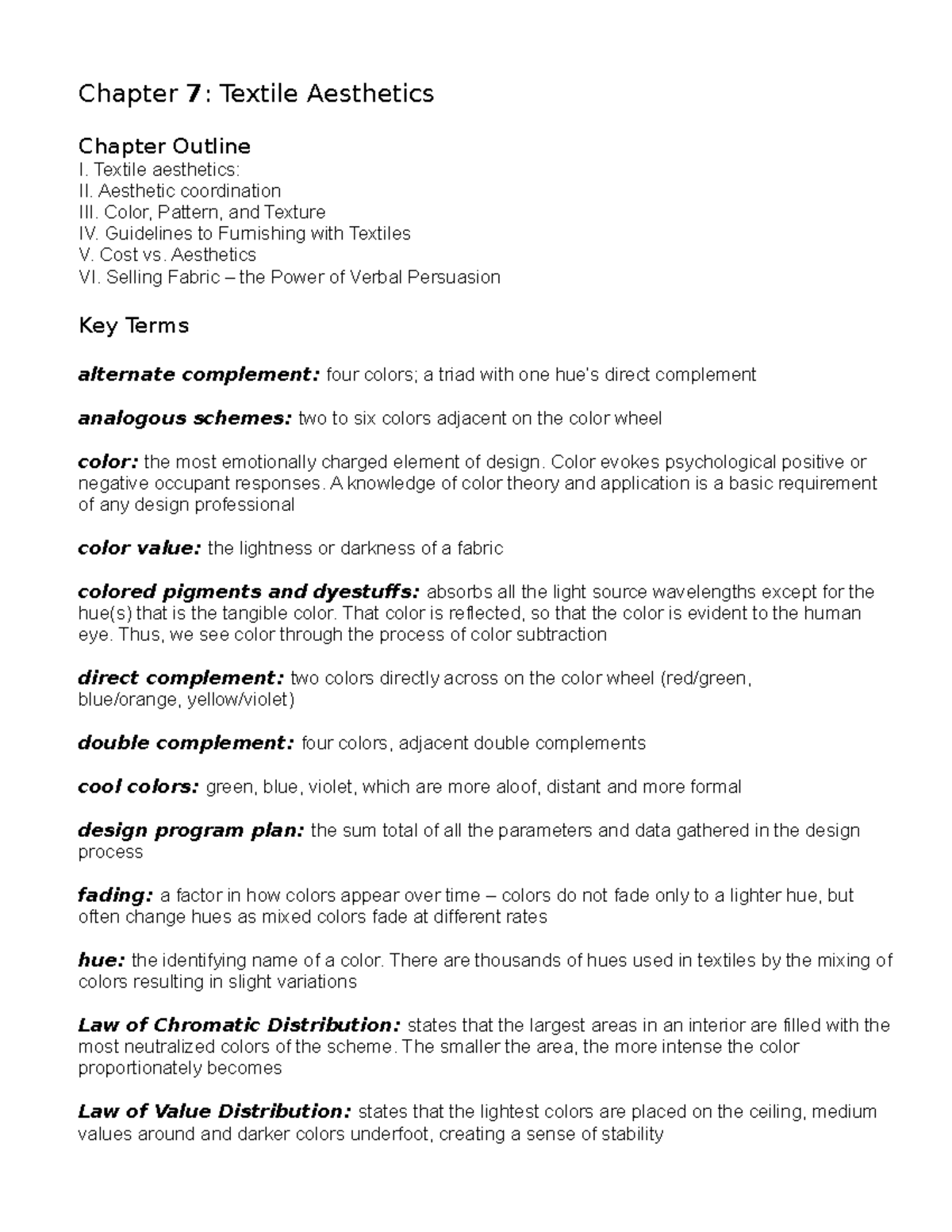 Chapter 7 terms - Chapter 7 : Textile Aesthetics Chapter Outline I ...