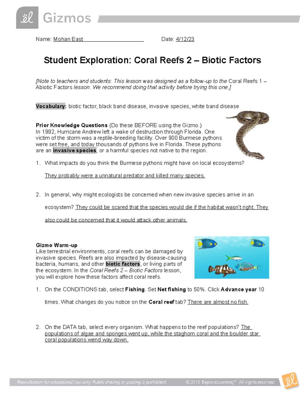 Coral Reefs 2 Gizmo - Name: Mohan East Date: 4/12/ Student Exploration ...