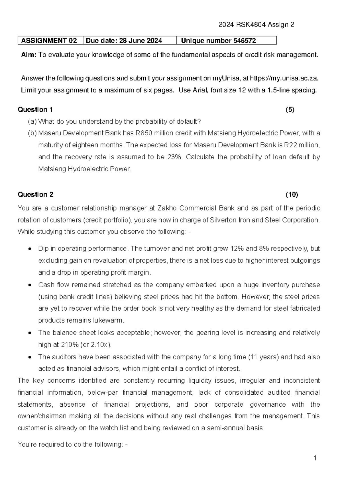 2024 Assignment 2 - Asgnt 2 - 2024 RSK 4804 Assign 2 1 ASSIGNMENT 02 Due date: 28 June 2024 ...
