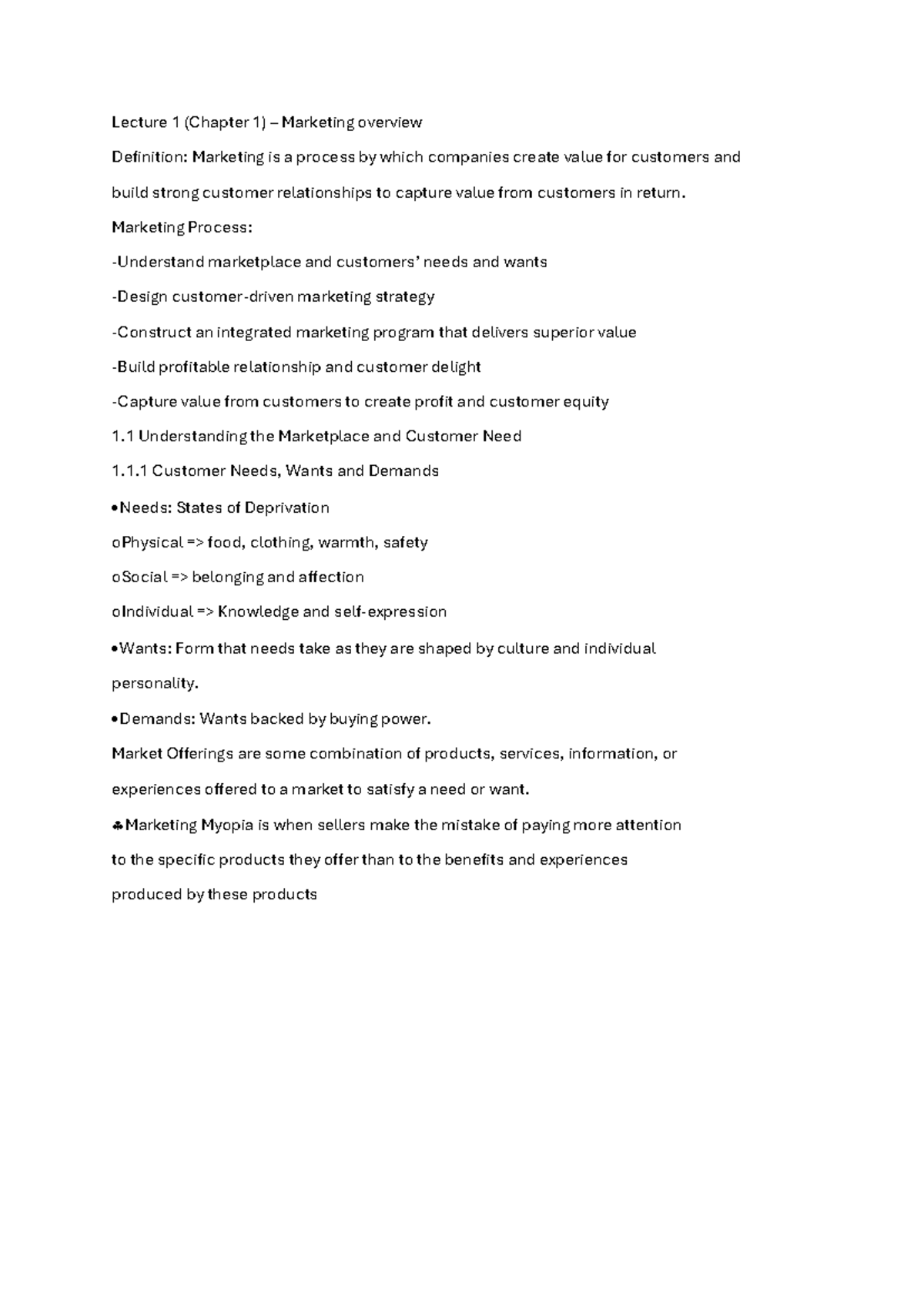 Chapter 1 summary - Lecture 1 (Chapter 1) – Marketing overview Definition: Marketing is a ...