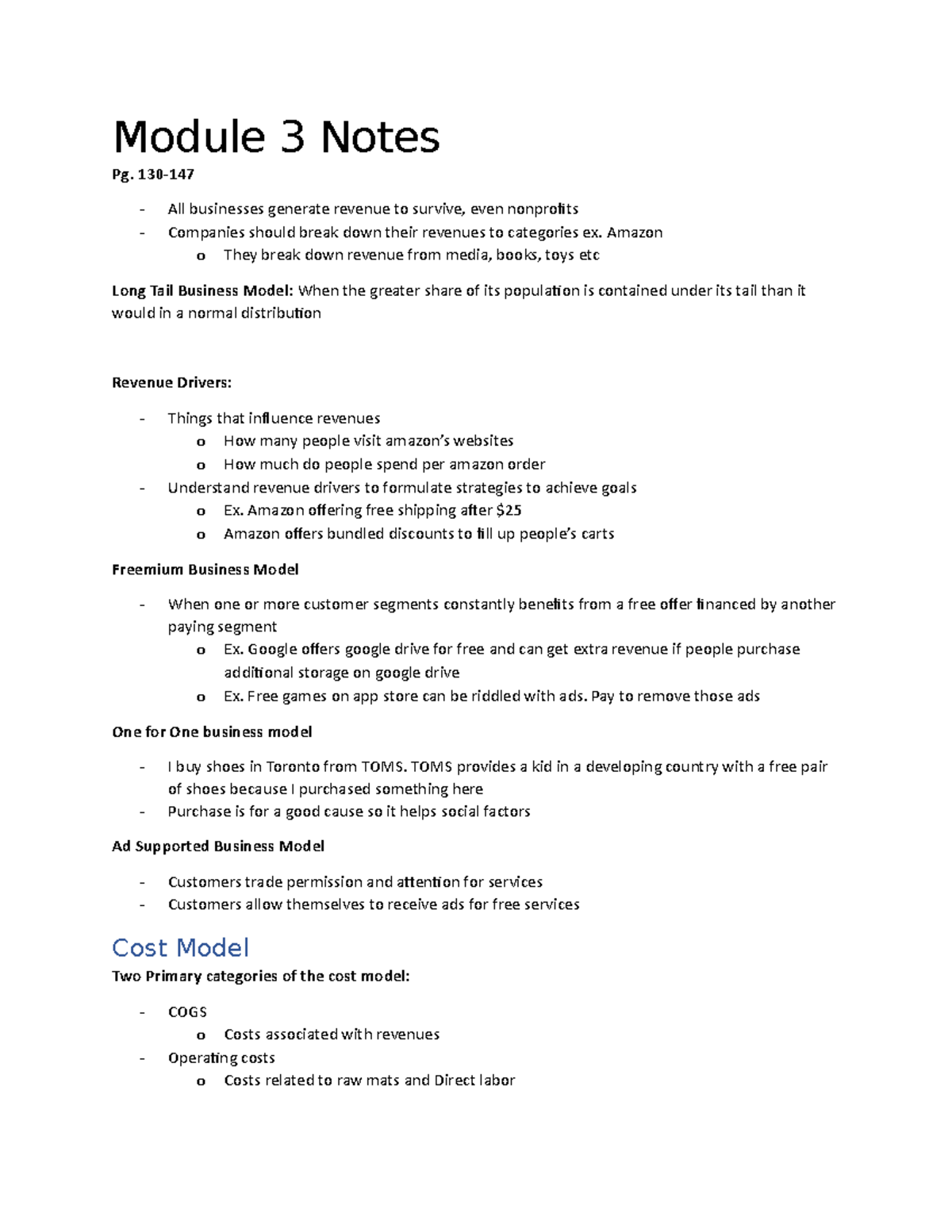Module 3 Notes - Module 3 Notes Pg. 130- All businesses generate ...