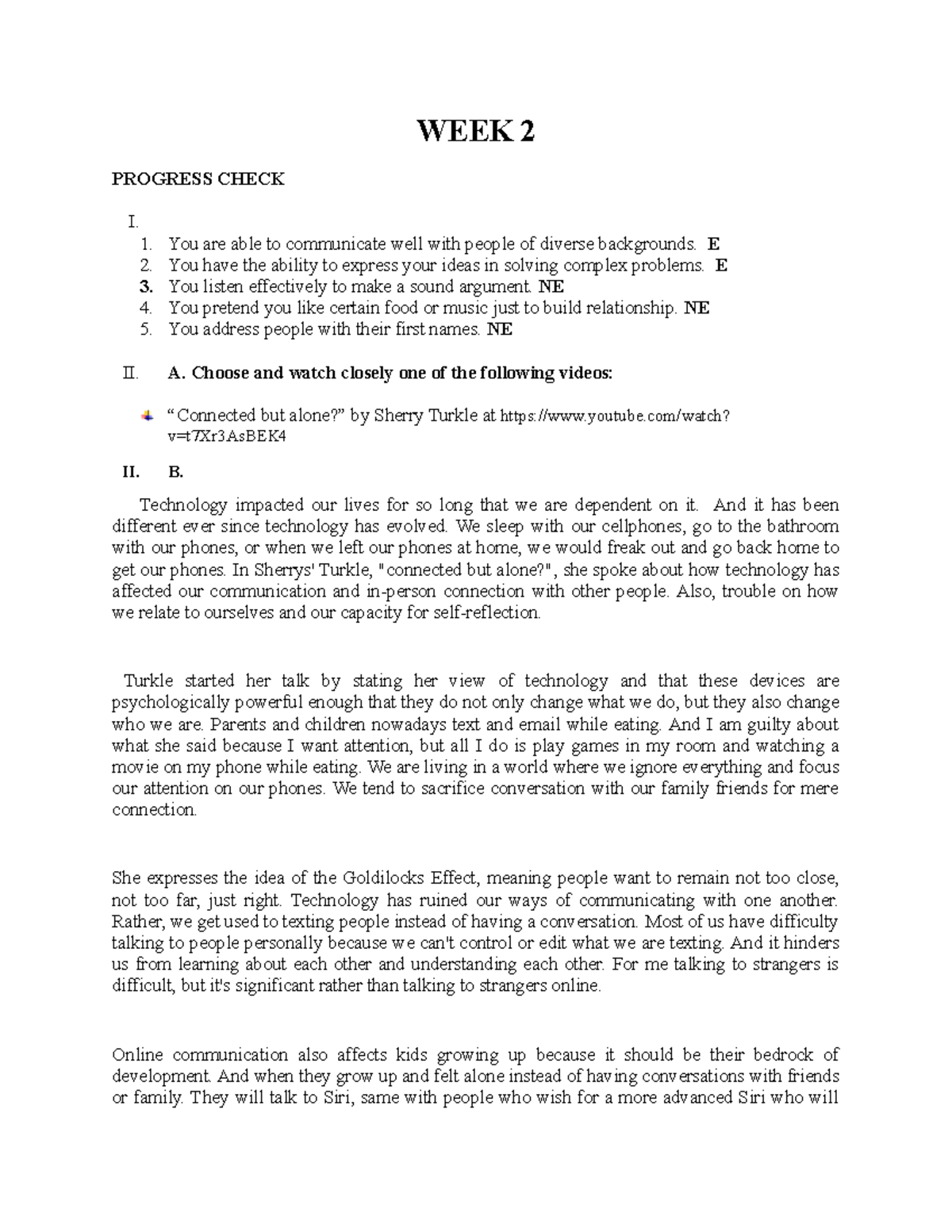 GEC 5 - WEEK 2 - N/A - WEEK 2 PROGRESS CHECK I. You are able to ...