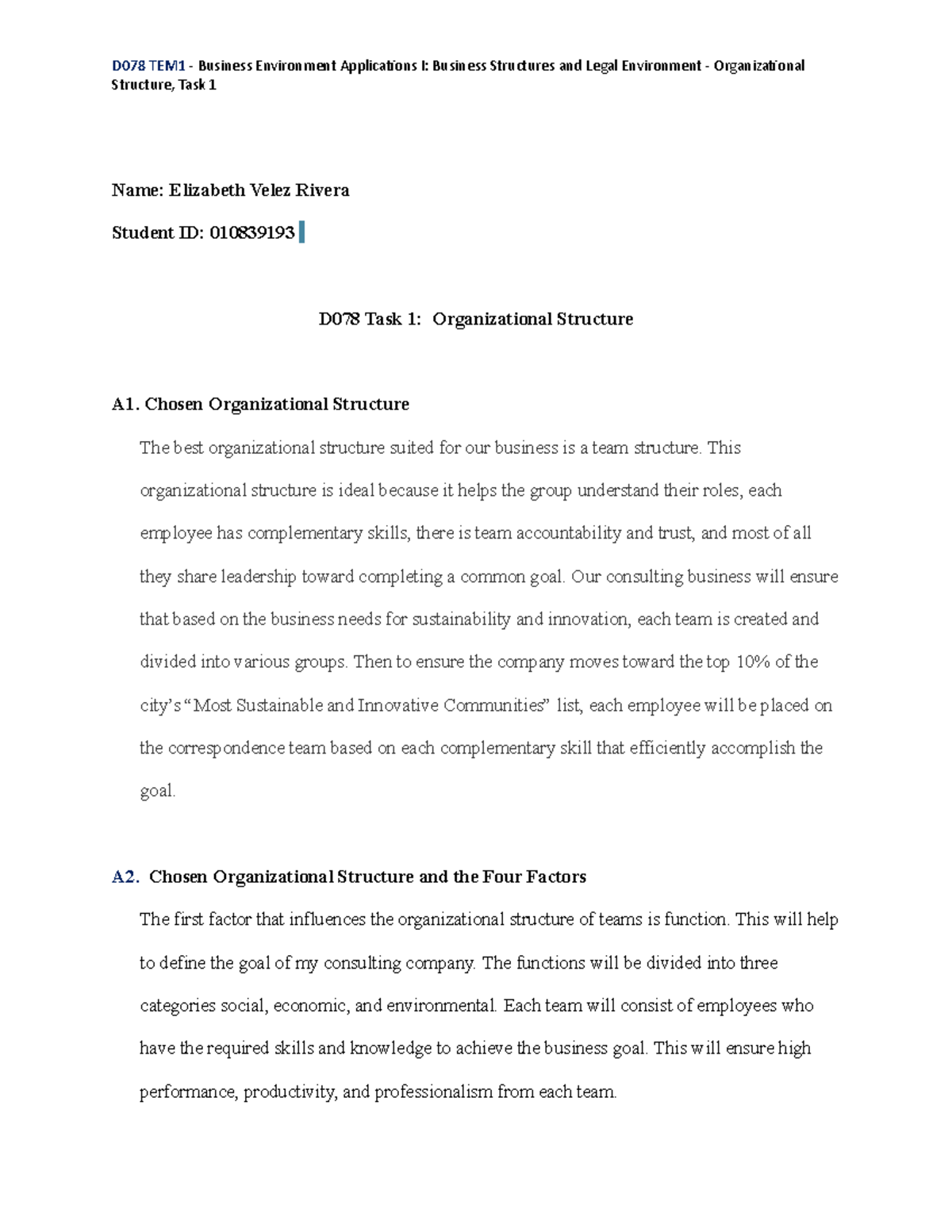 D078 - Task 1 - Task - D078 TEM1Structure, Task 1 - Business ...