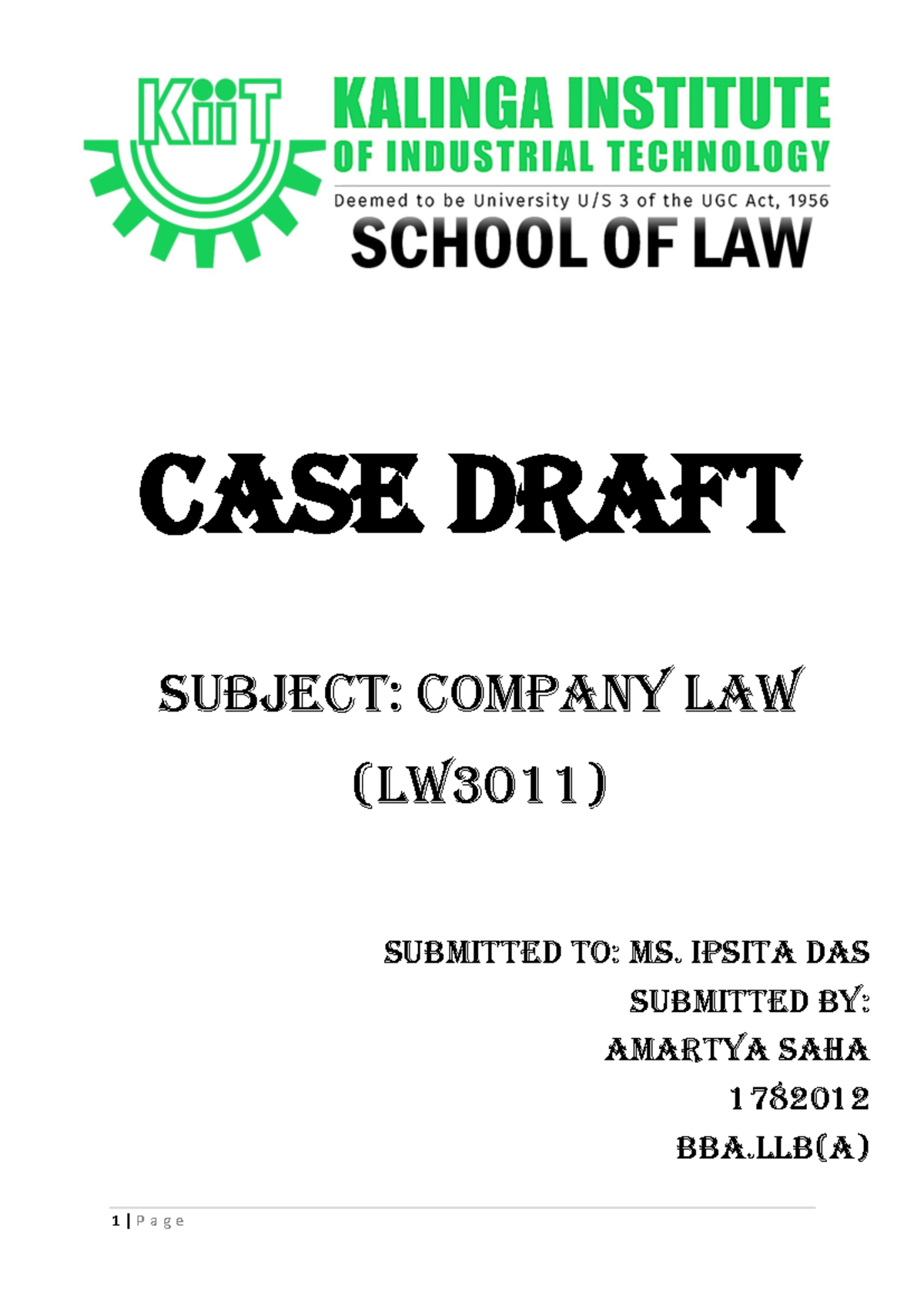 Case Draft Company Law - kinh - Case Draft Subject: Company Law (LW3011 ...