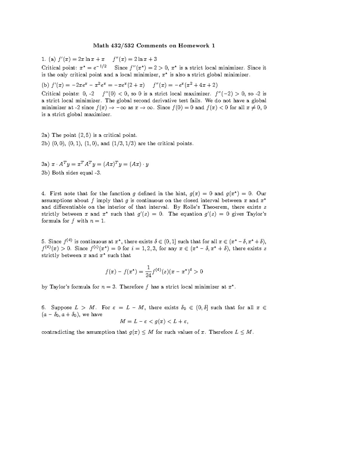 MTH 532 1 - Its helpful - Math 432/532 Comments on Homework 1 (a) f ′(x) = 2x ln x + x f ′′(x ...