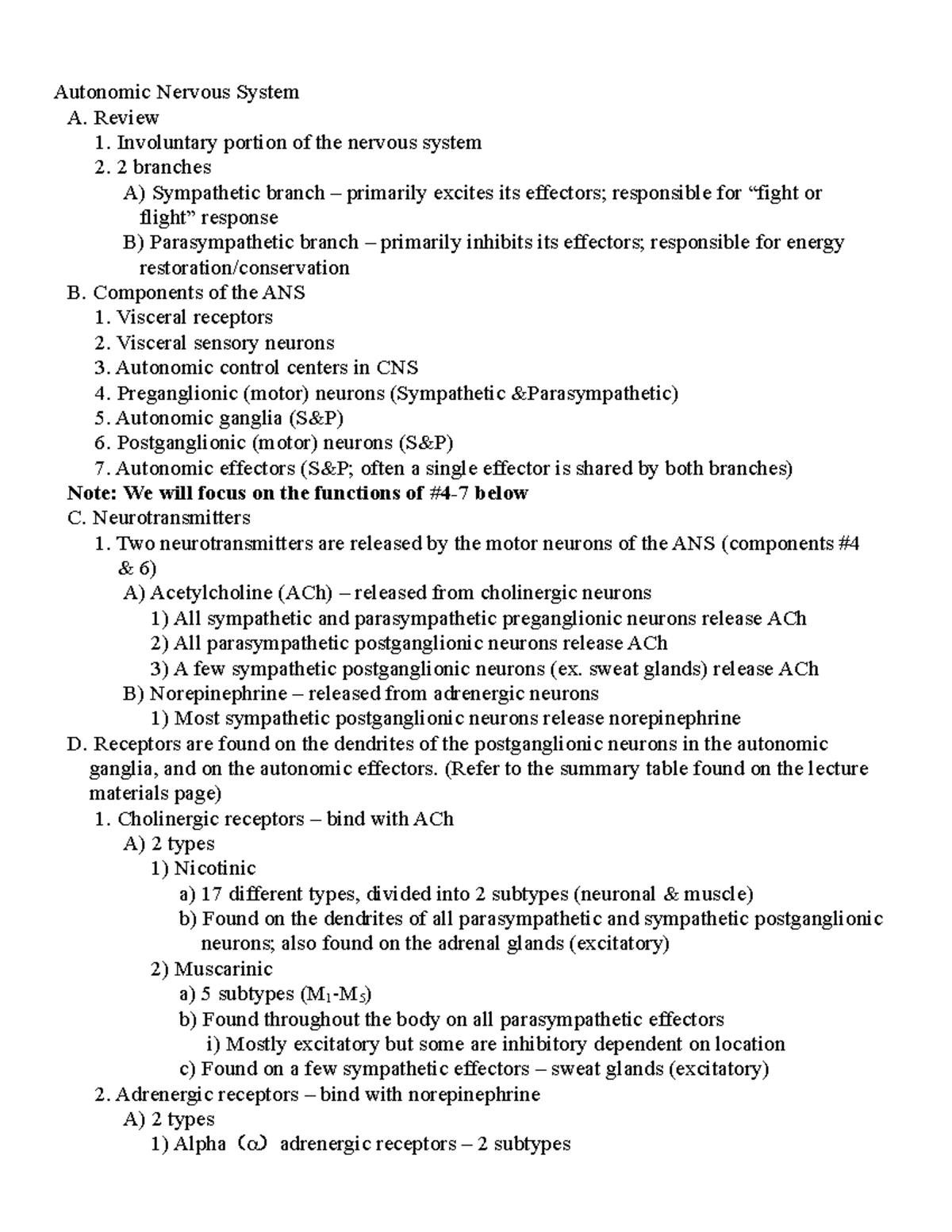 Anatomy and Physiology Notes Pt 10 - Autonomic Nervous System A. Review ...