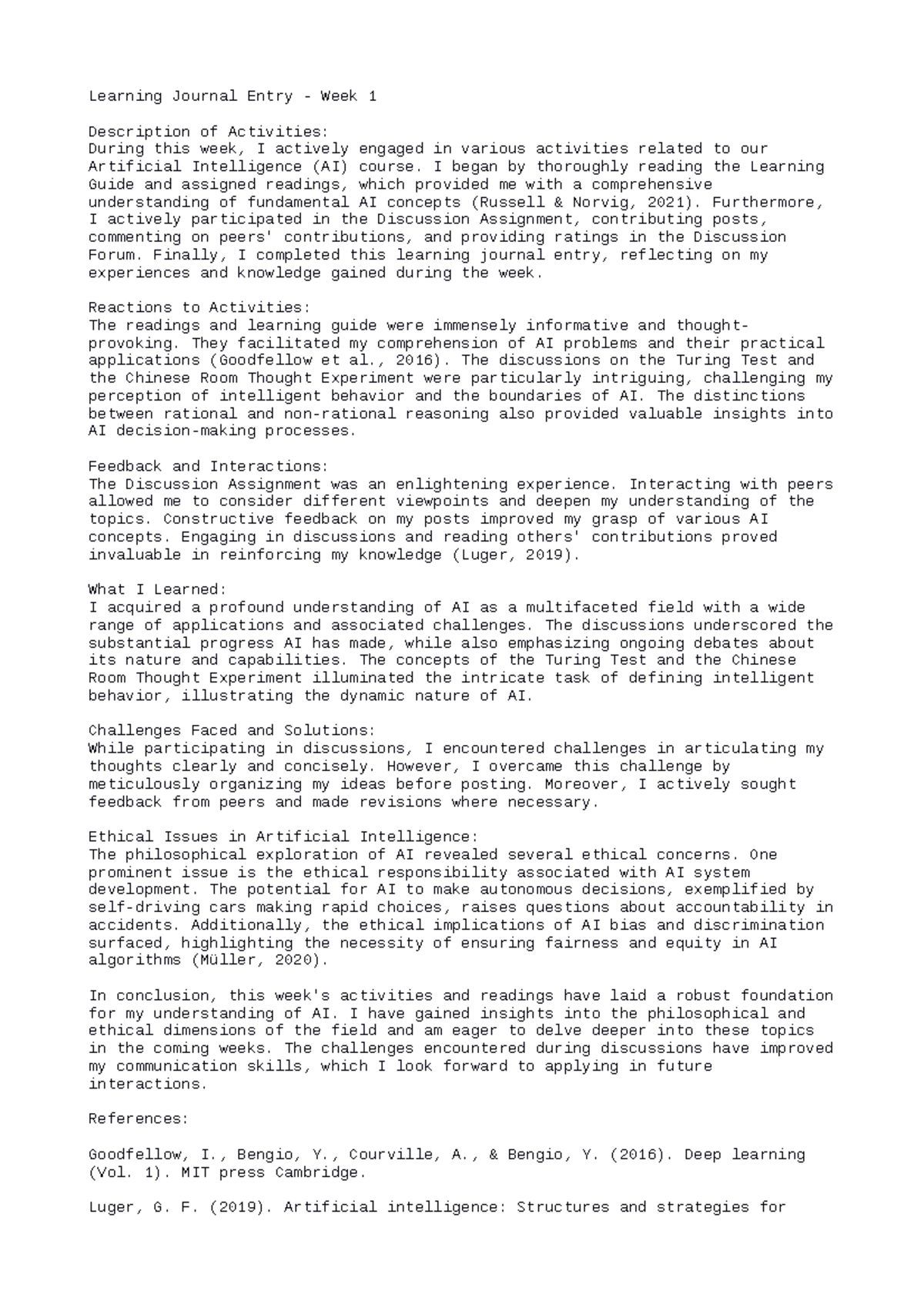 LJ01 - lecture notes - Learning Journal Entry - Week 1 Description of ...