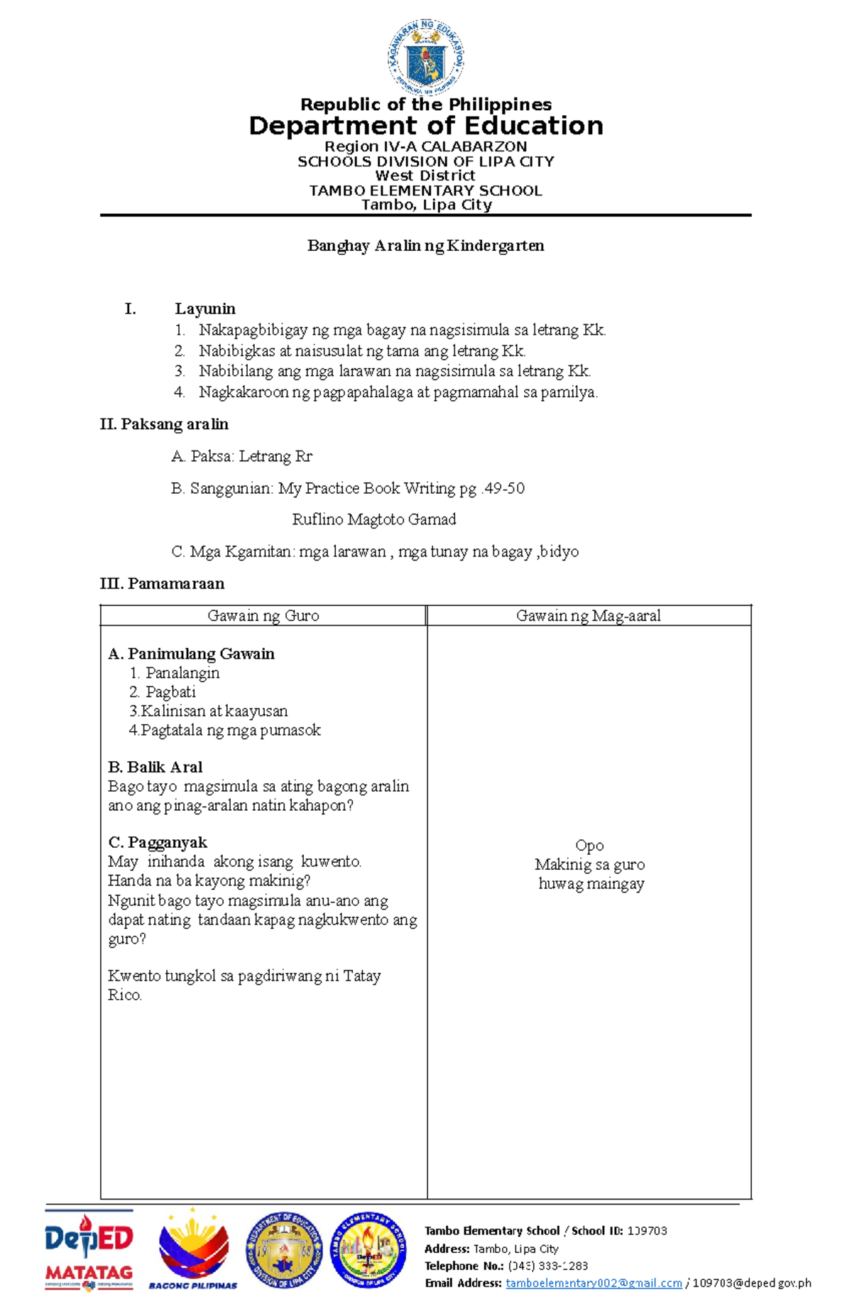 Lesson plan Letrang K - Department of Education Region IV-A CALABARZON ...