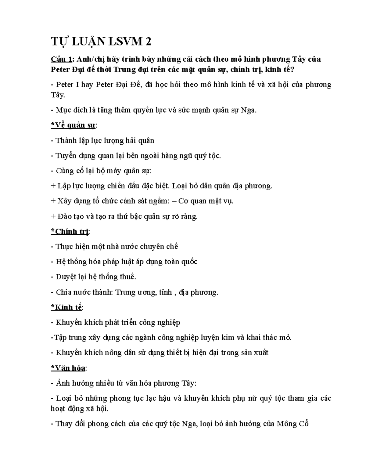 TỰ LUẬN LSVM 2 - TỰ LUẬN LSVM 2 Câu 1: Anh/chị hãy trình bày những cải ...