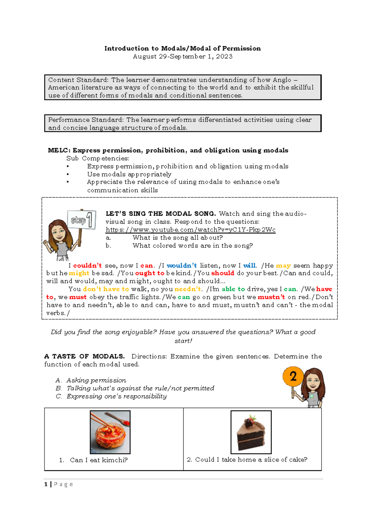 Week 1 Modal of Permission IMs - Introduction to Modals/Modal of ...
