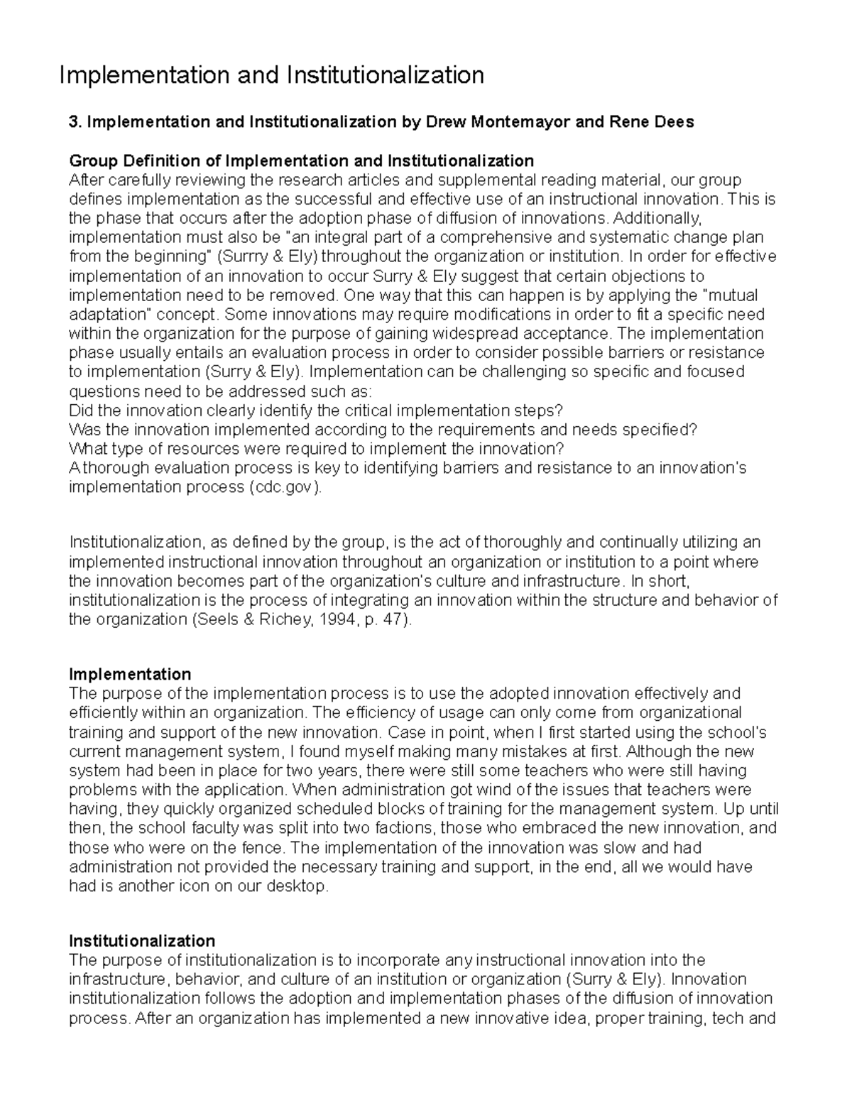 UNIT-III-2 - jik - Implementation and Institutionalization Implementation and ...