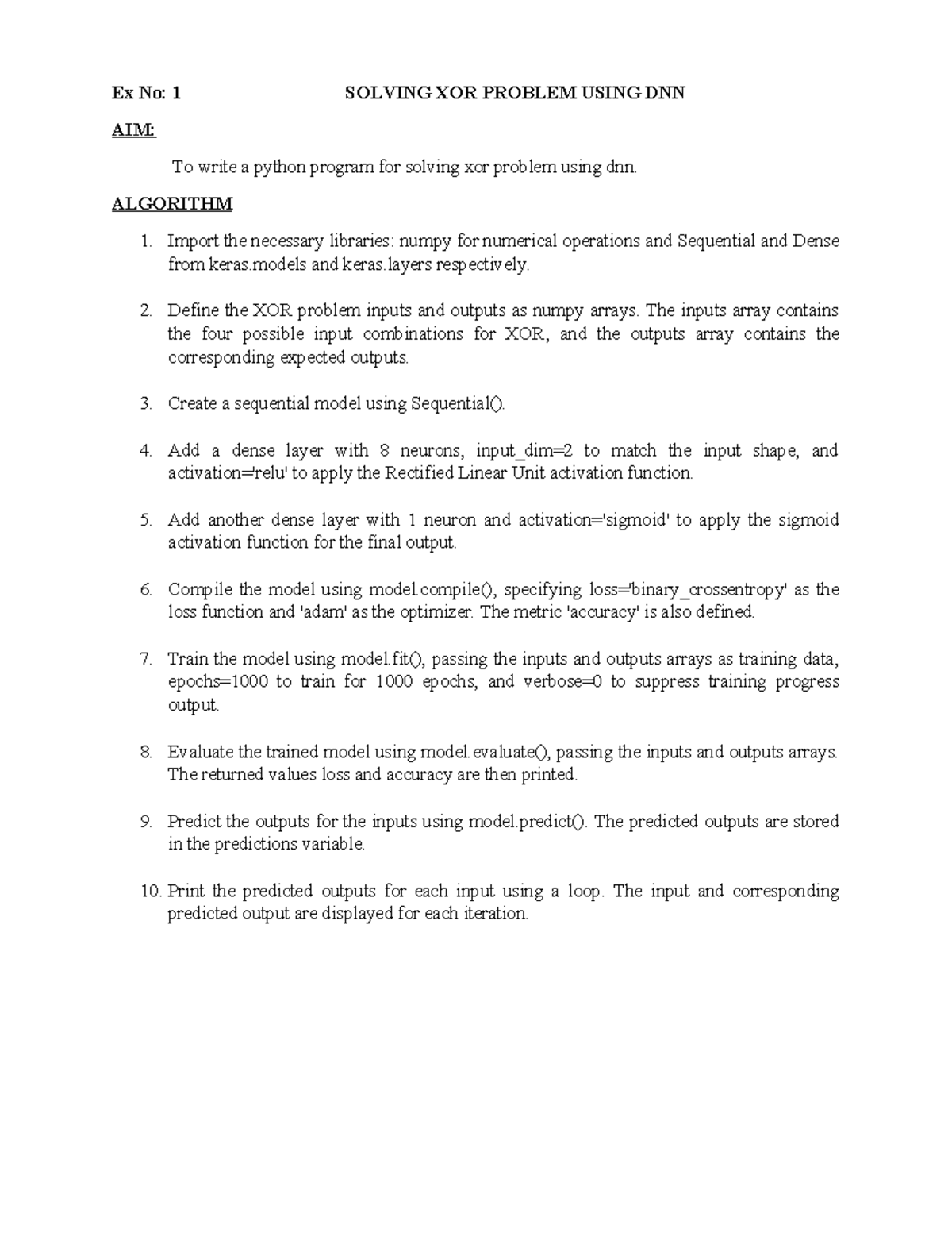 Xor Using Dnn Notes For Better Understanding And Full Time Analysis To Score High Ex No 1