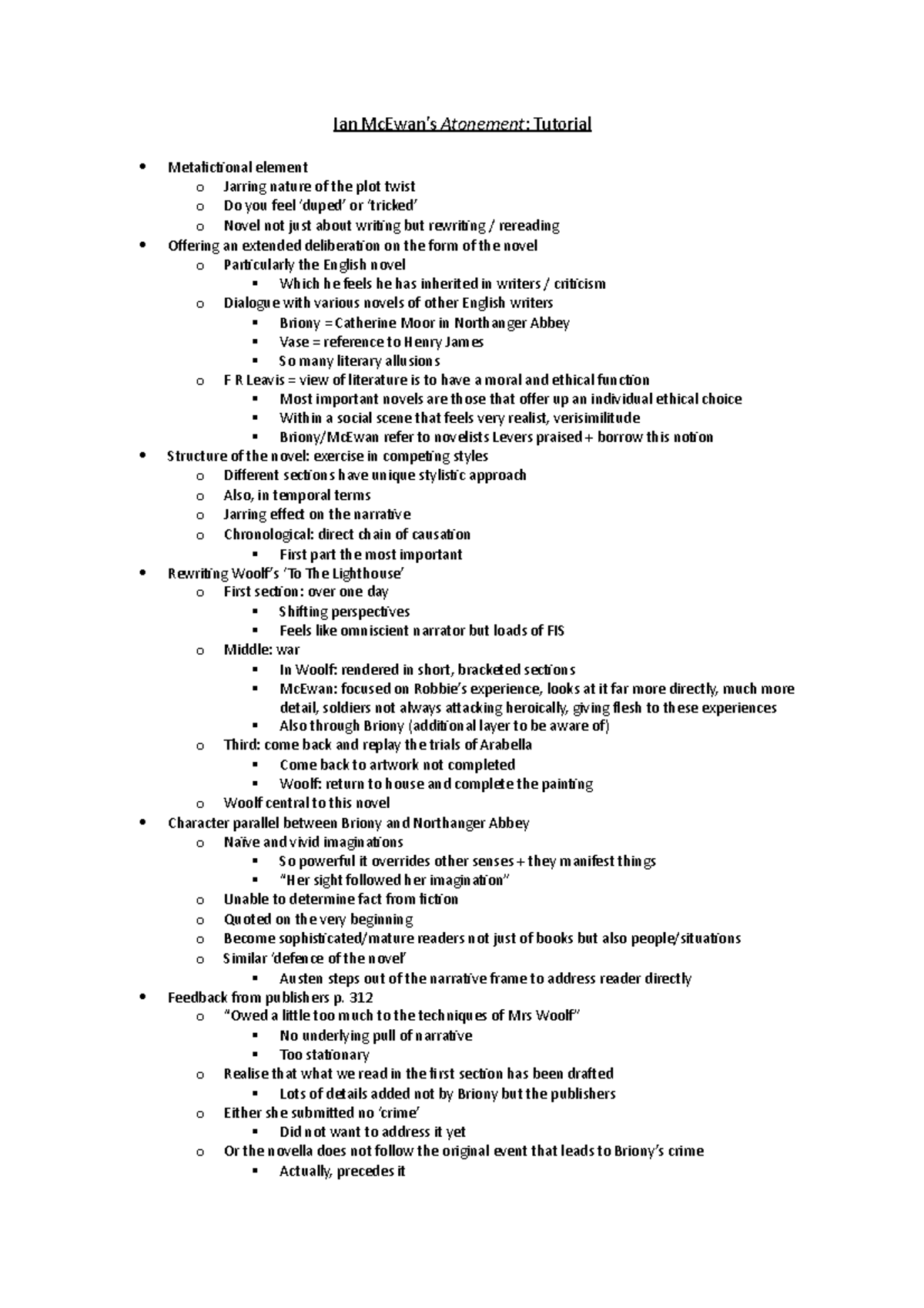 Atonement by Ian Mc Ewan Tutorial Notes - Ian McEwan’s Atonement ...