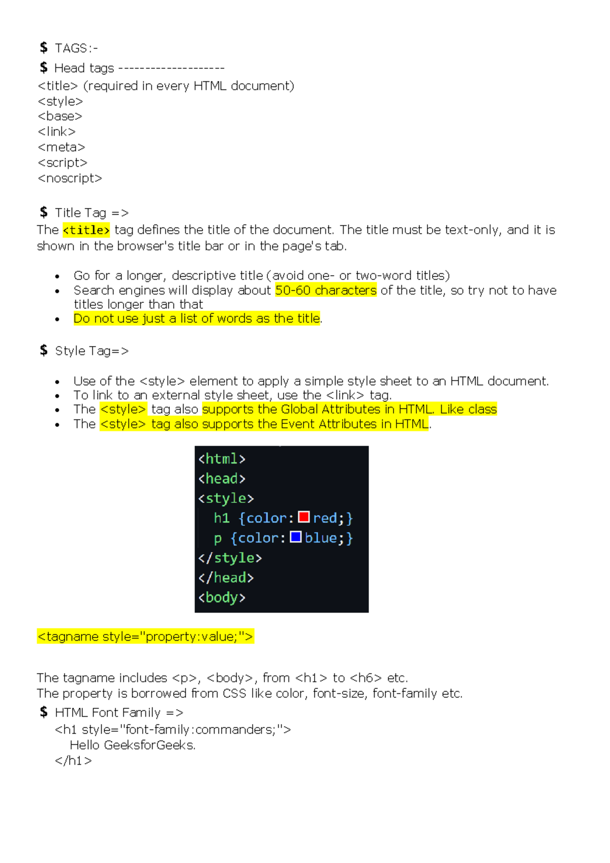 HTML Day 3 and Day 4 - TAGS:- Head tags - (required in every HTML ...