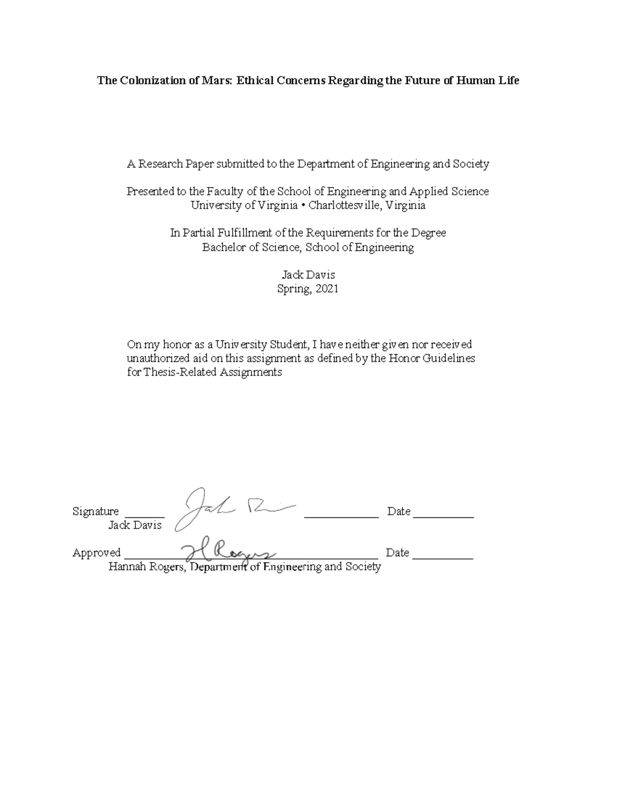 Davis Jack STS Research Paper - The Colonization of Mars: Ethical ...