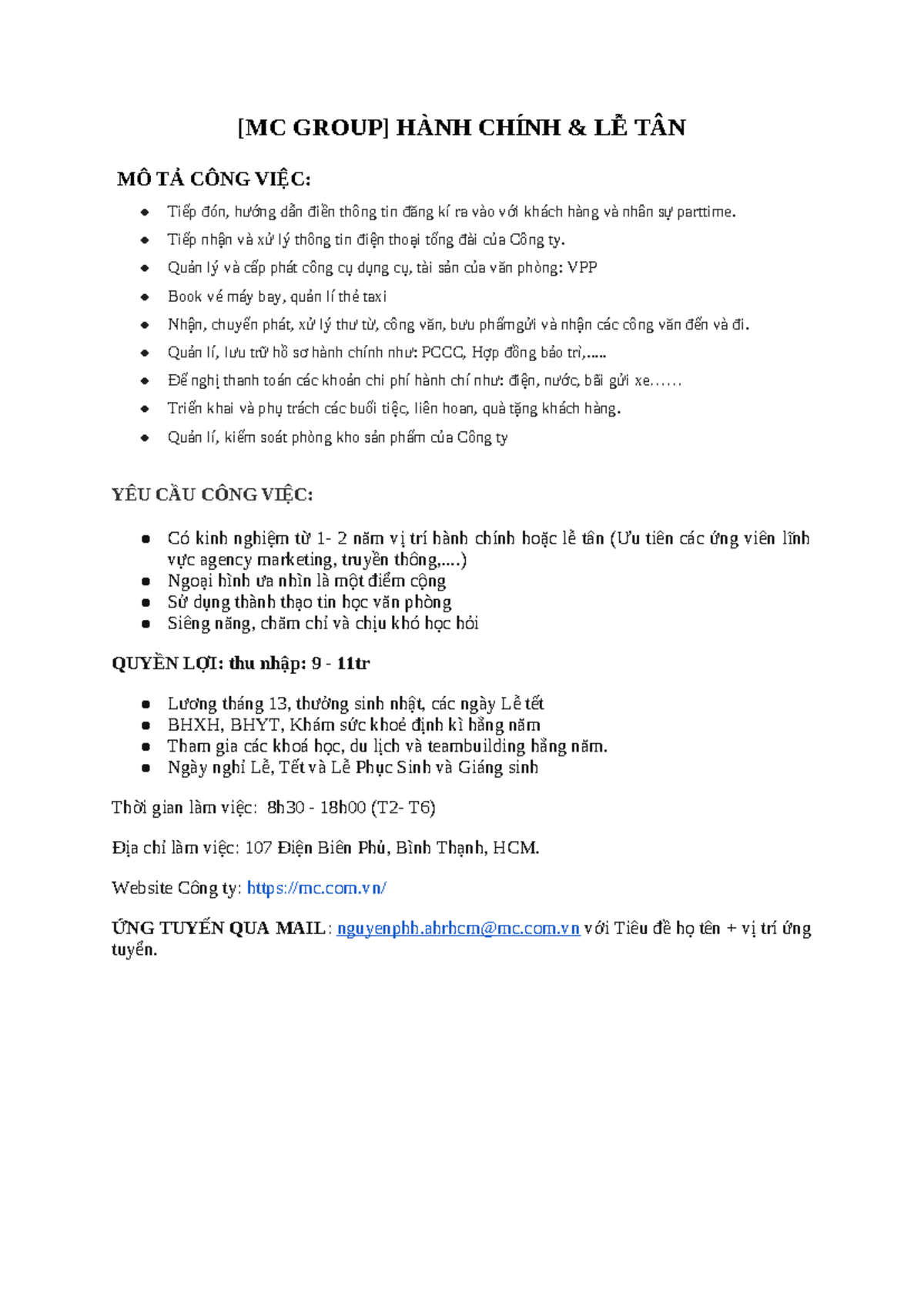 [MC Group] HÀNH Chính & LỄ TÂN - [MC GROUP] HÀNH CHÍNH & LỄ TÂN MÔ TẢ ...