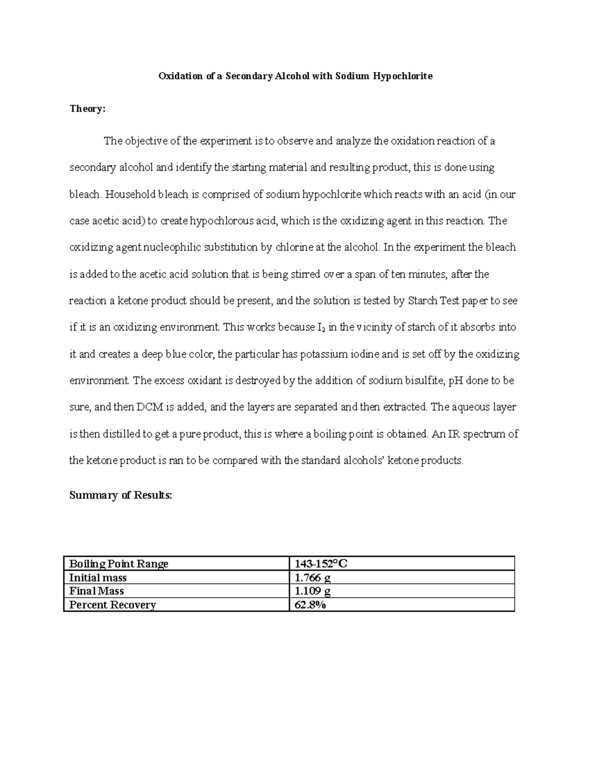 Oxidation of a Secondary Alcohol with Sodium Hypochlorite - Household ...