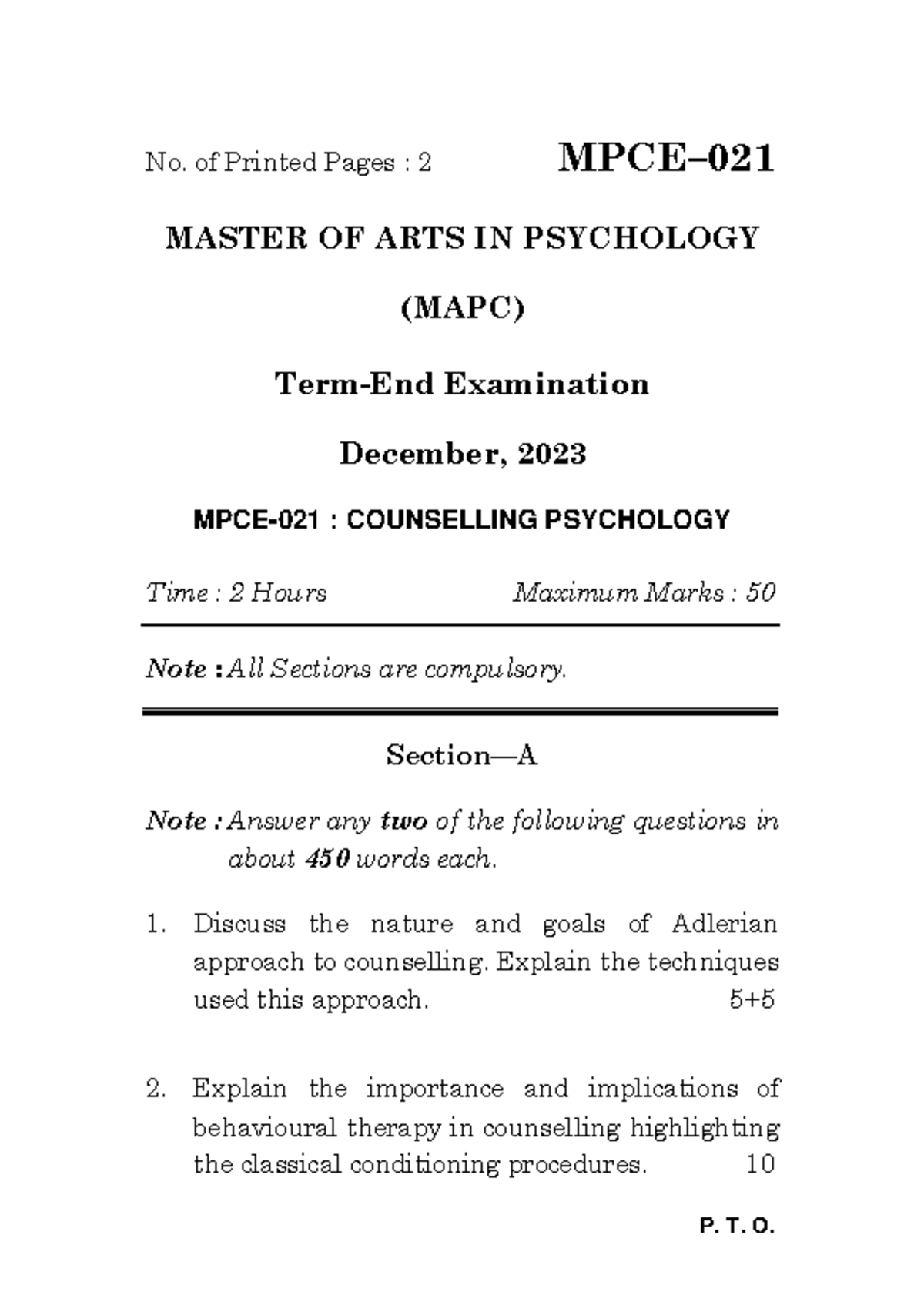 MPCE-021 - question paper - P. T. O. No. of Printed Pages : 2 MPCE– 021 MASTER OF ARTS IN ...