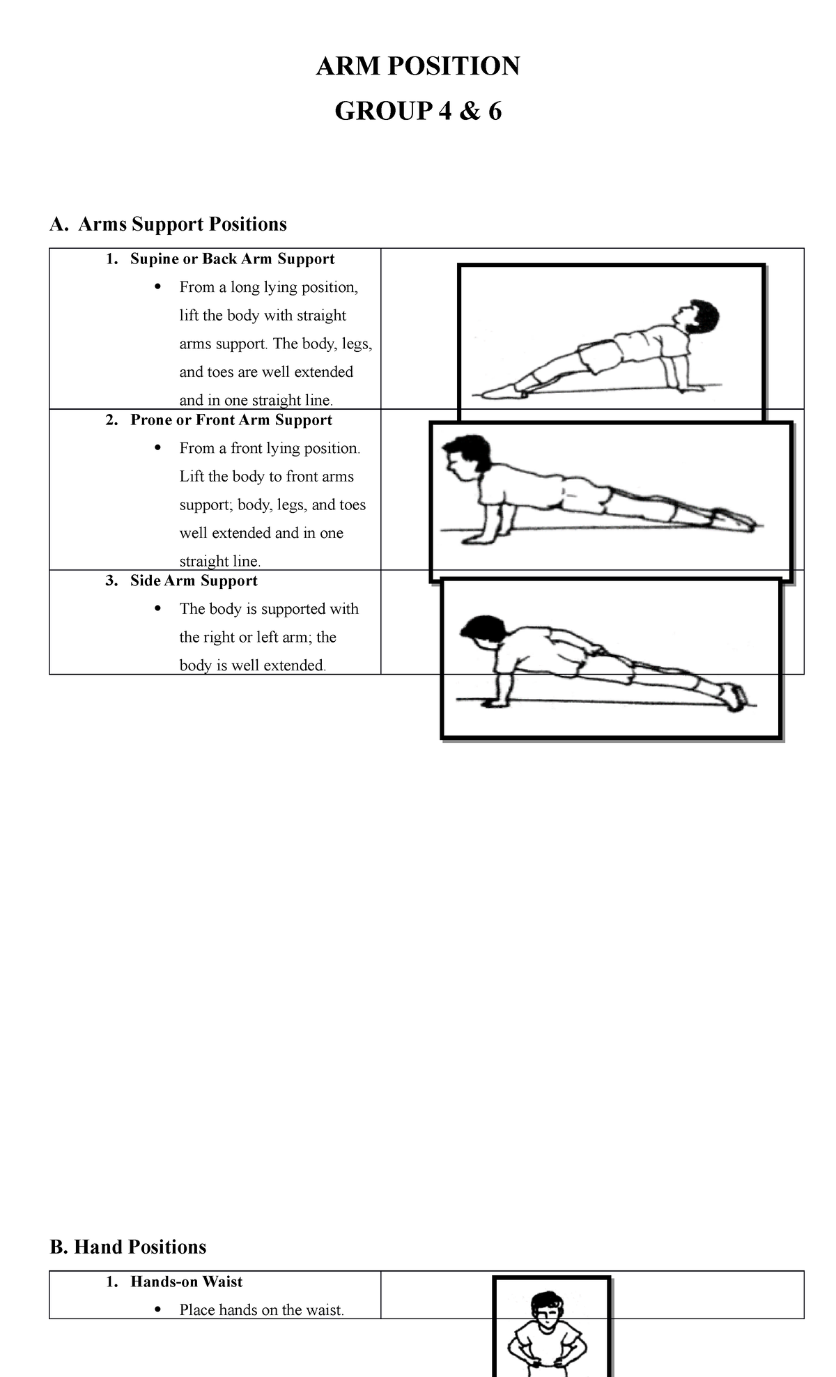 ARM Position Group 4 6 - ARM POSITION GROUP 4 & 6 A. Arms Support Positions 1. Supine or Back ...