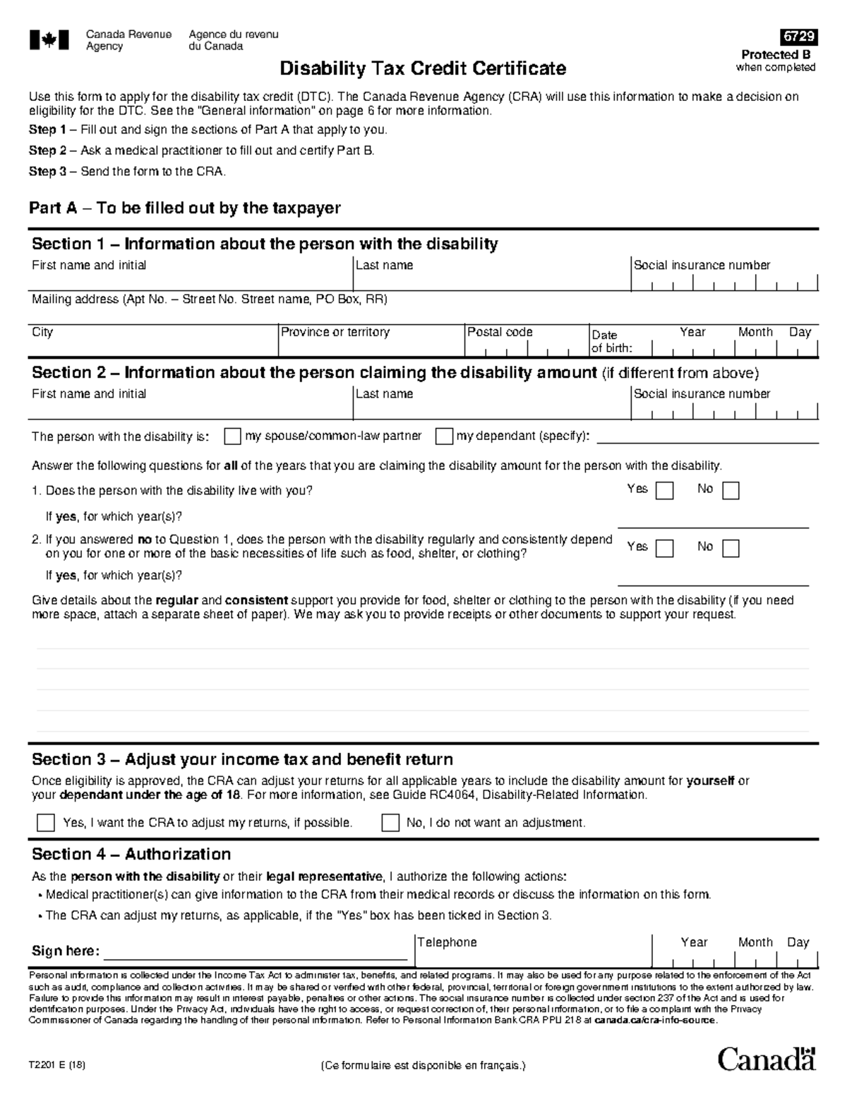 Diabetes Tax Form 20 - 6729 Protected B Disability Tax Credit ...