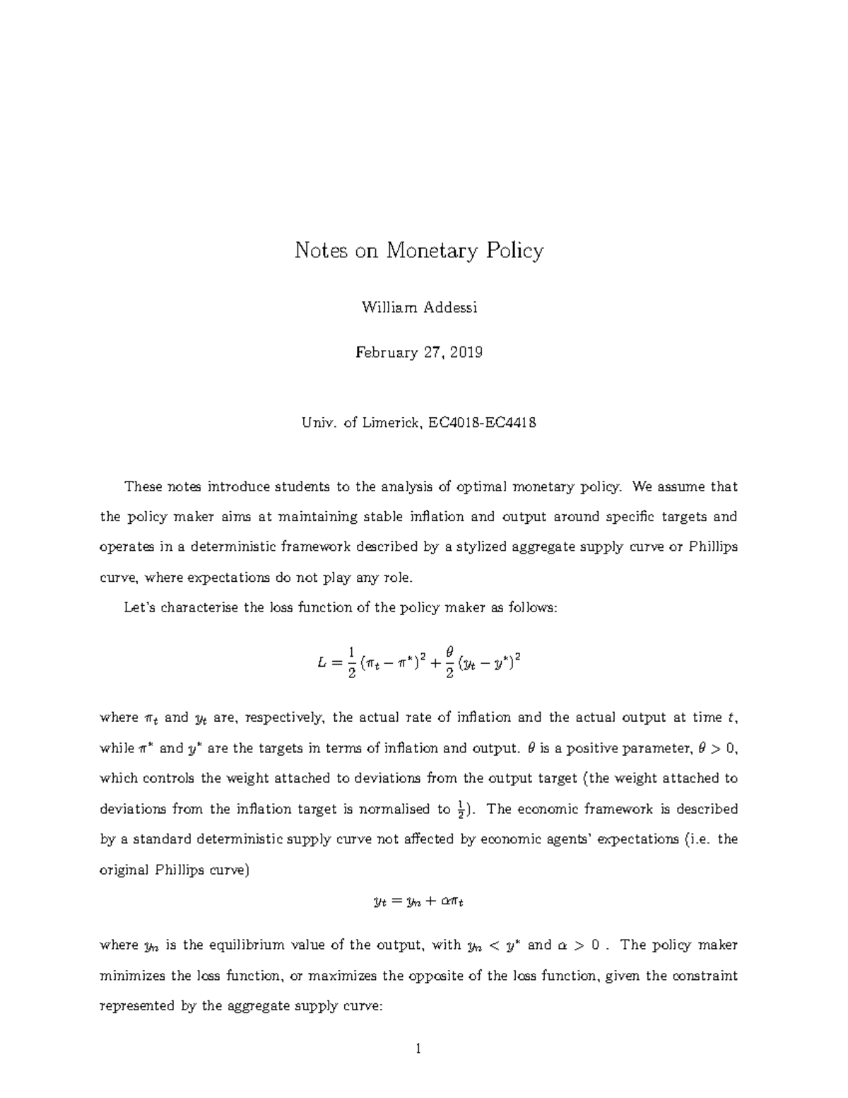 Monetary Policy Notes 2019 - Notes on Monetary Policy William Addessi ...