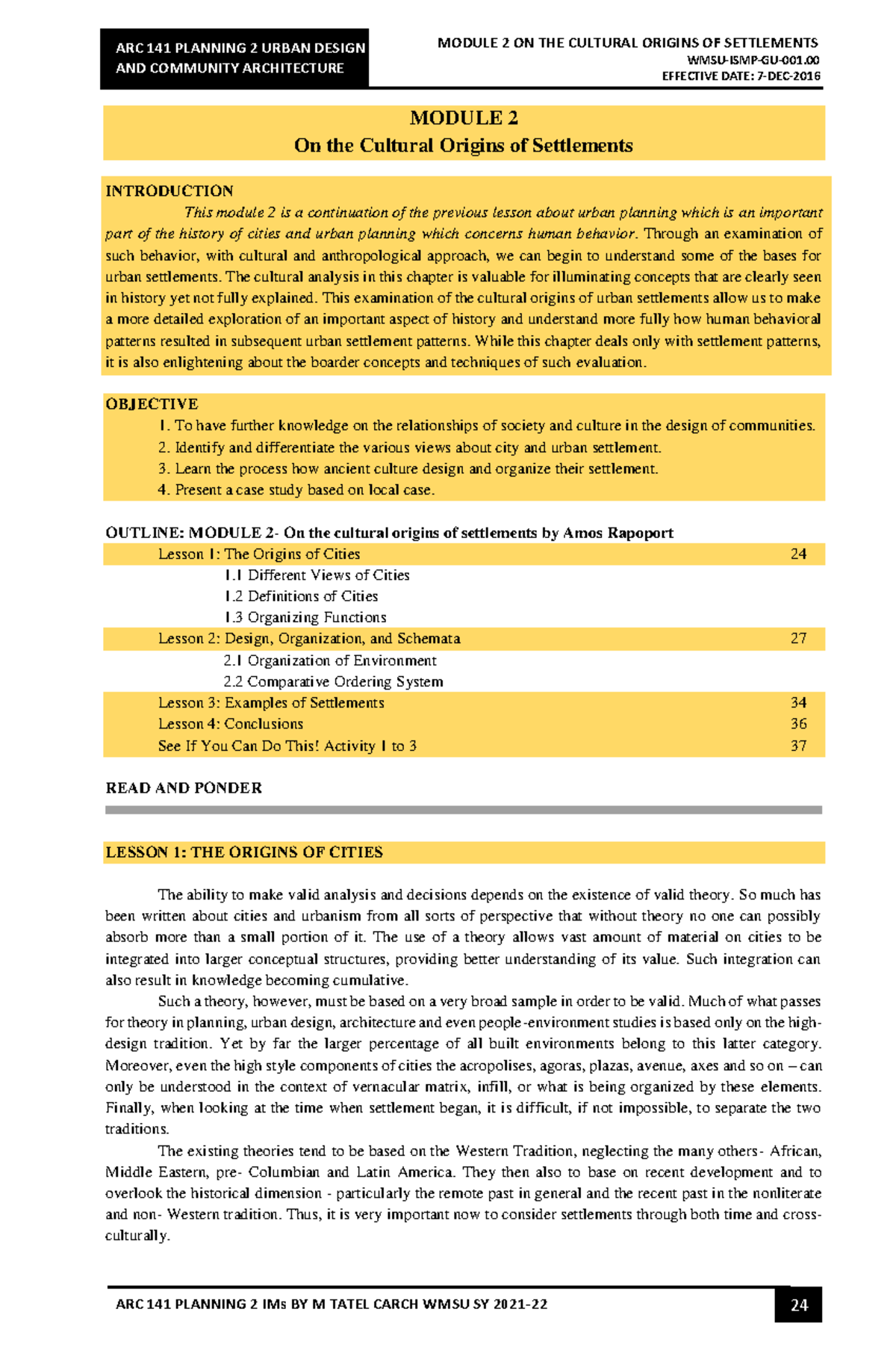 Planning 2 module 2 - notes - ARC 141 PLANNING 2 URBAN DESIGN AND ...