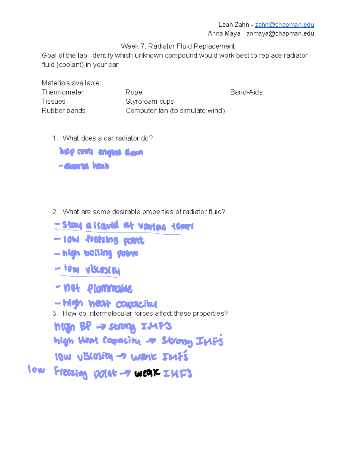 Si week 6 - SI chem 150 lab w/ Anna - Leah Zahn - zahn@chapman Anna Maya - anmaya@chapman Week 7 ...