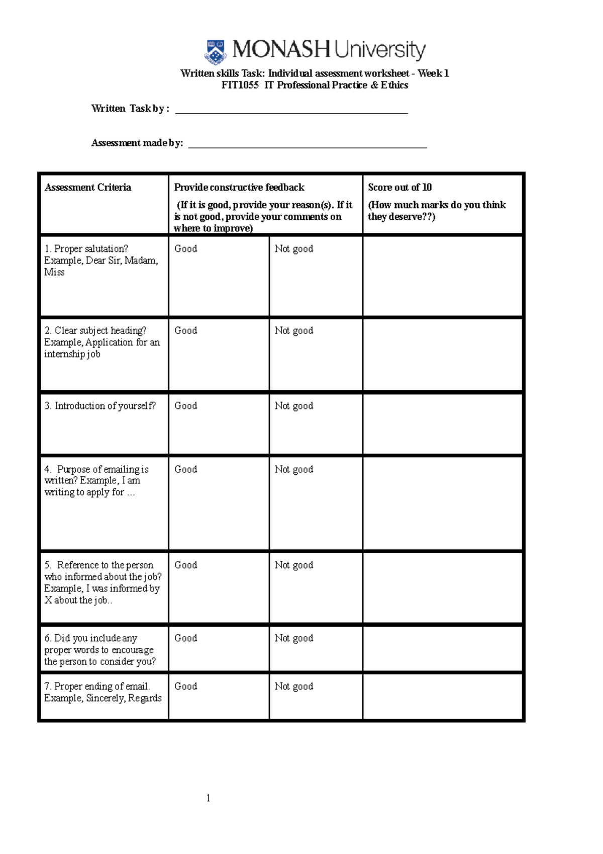 FIT1055 Tutorial Wk 1 written skills individual assessment worksheet S1 ...