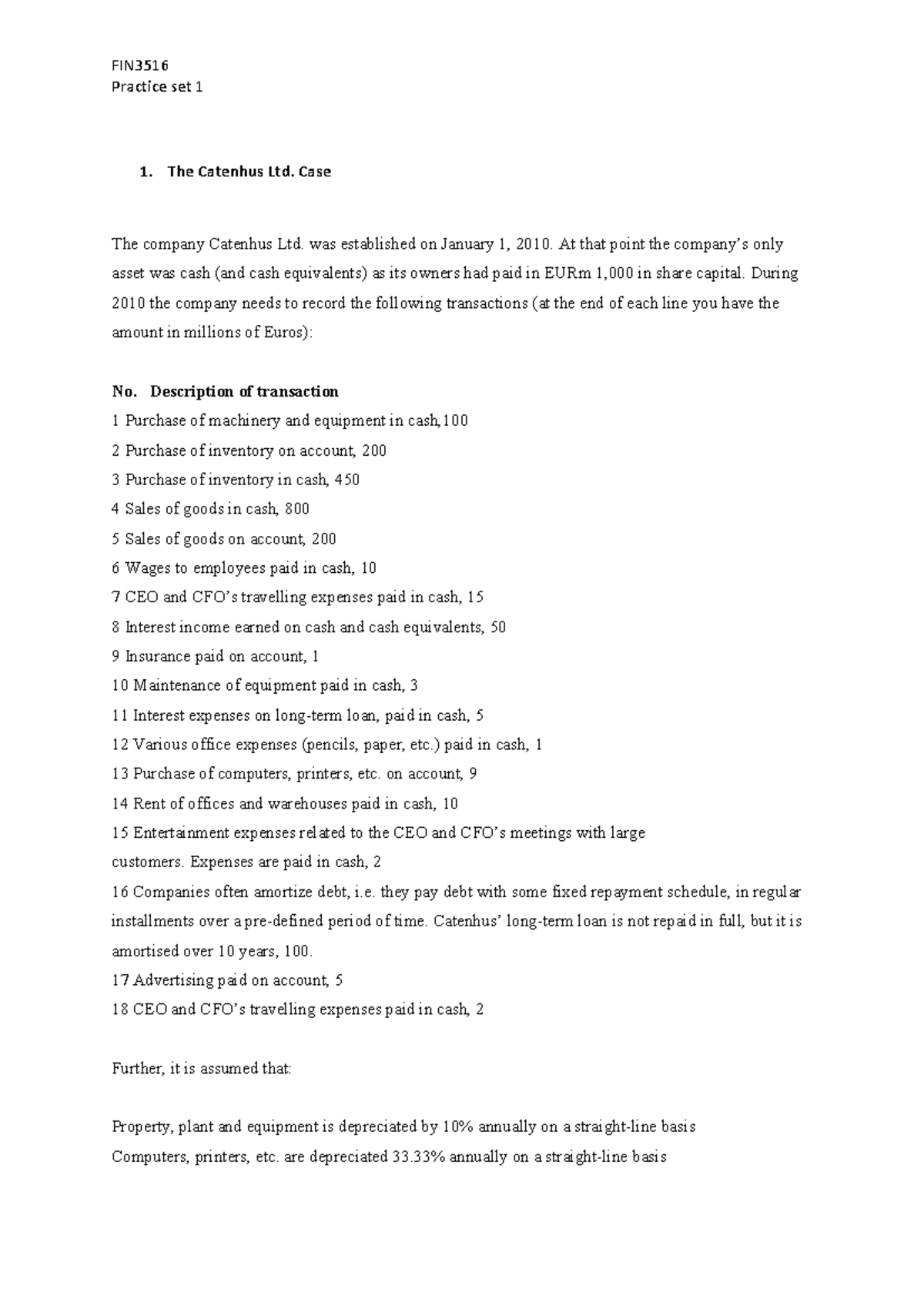 FS Analysis - Practice set 1 The Catenhus Ltd. Case The company ...