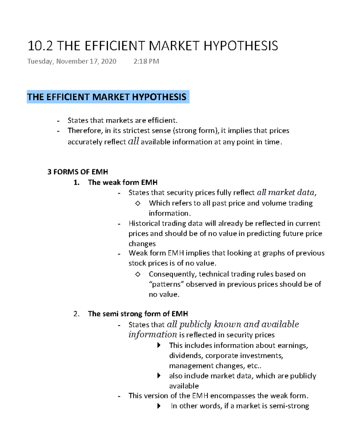 10.2 THE Efficient Market Hypothesis - THE EFFICIENT MARKET HYPOTHESIS ...