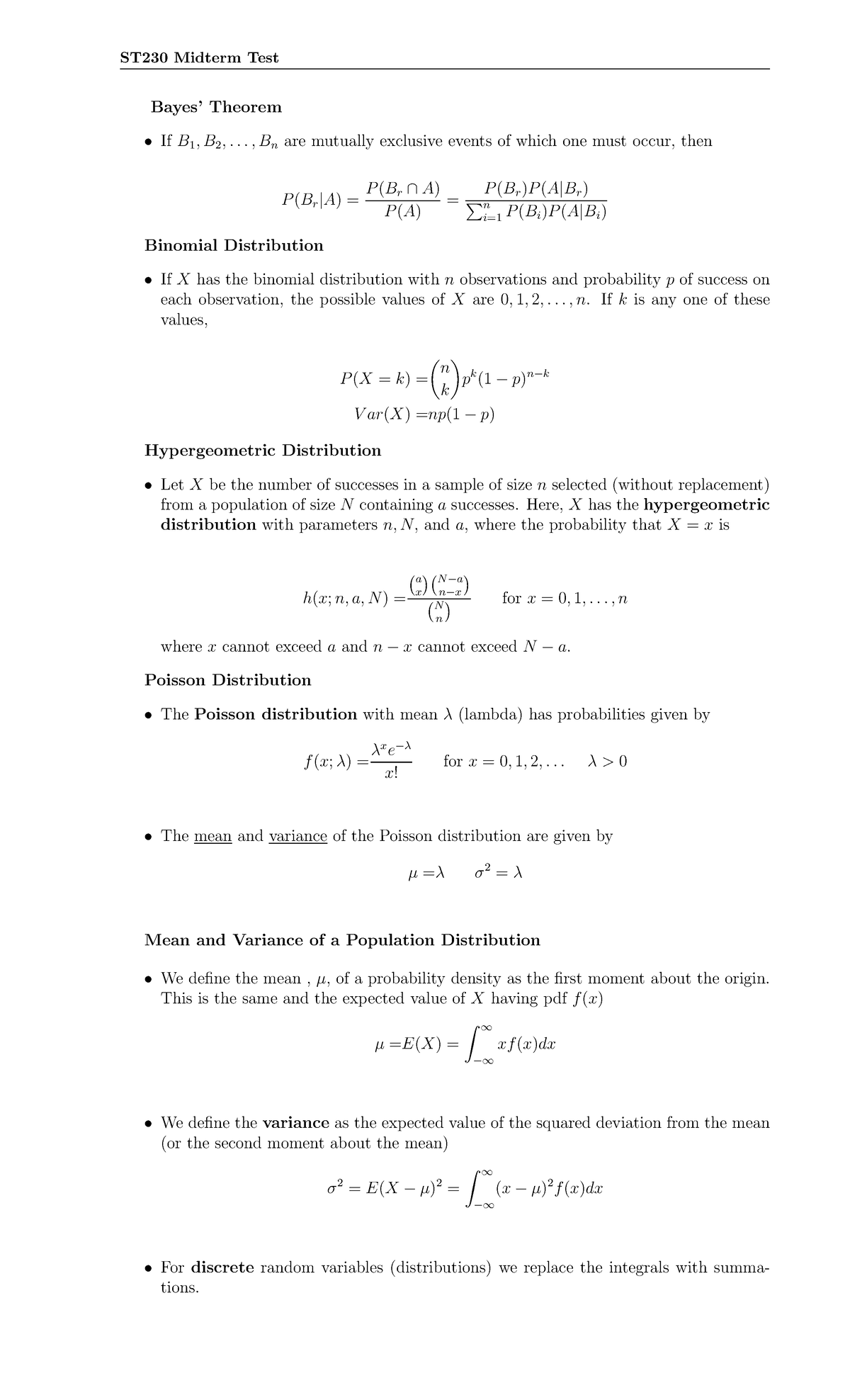 ST230 midterm formulae F2022 - ST230 Midterm Test Bayes’ Theorem If B 1 ...