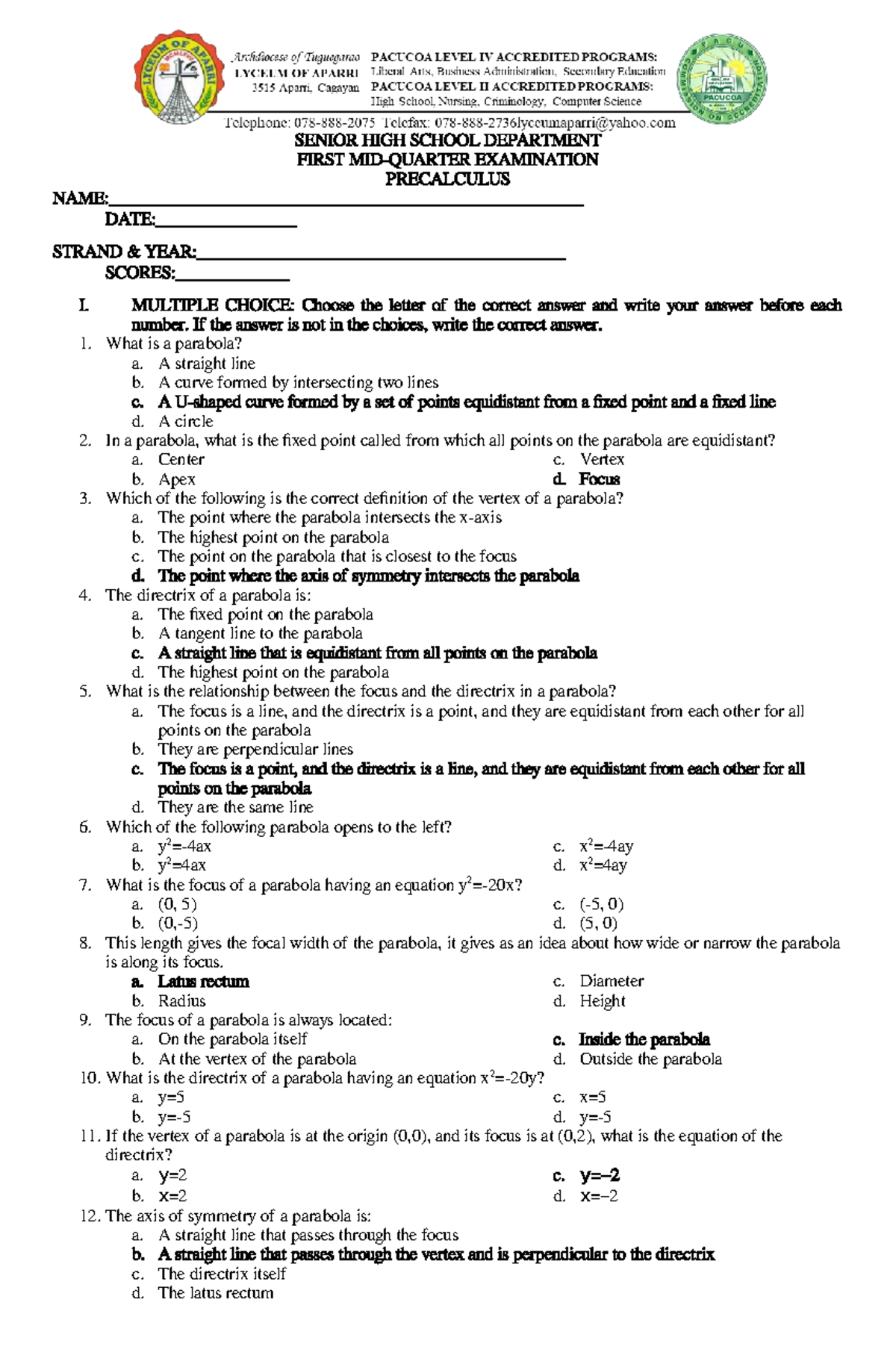 Precal - SENIOR HIGH SCHOOL DEPARTMENT FIRST MID-QUARTER EXAMINATION ...