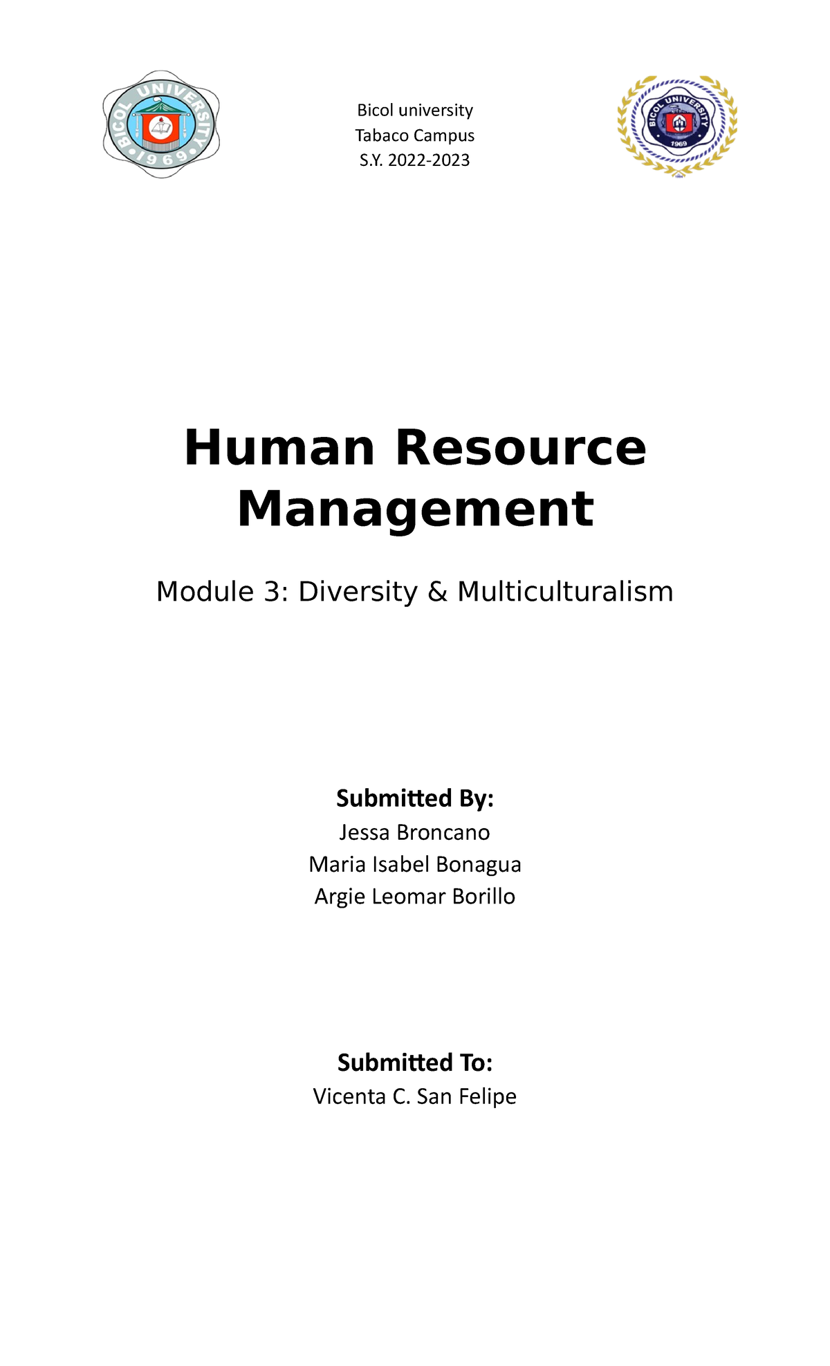 HRM - assignment - Bicol university Tabaco Campus S. 2022- Human ...