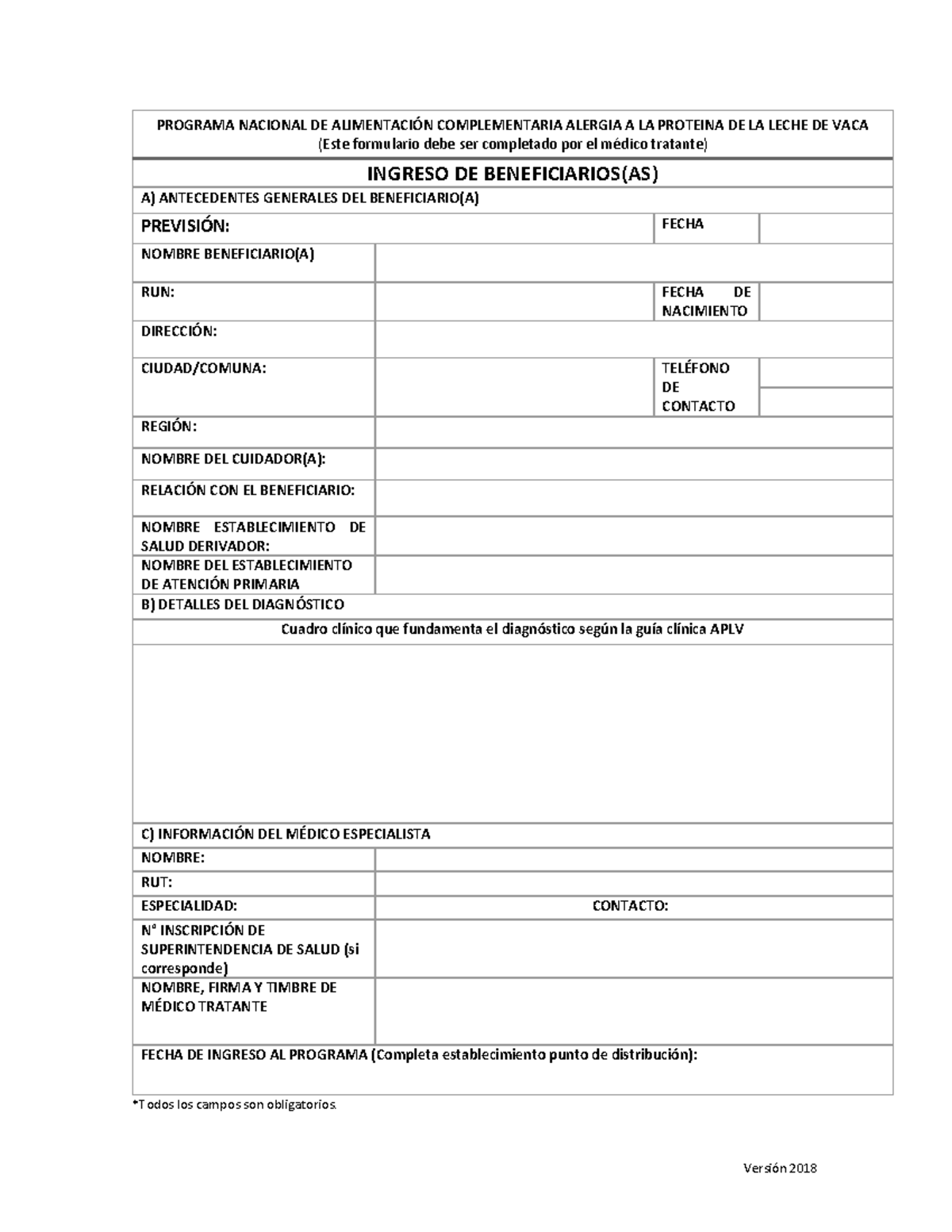 Formulario de ingreso al PNAC APLV - Versión 2018 PROGRAMA NACIONAL DE ALIMENTACIÓN ...