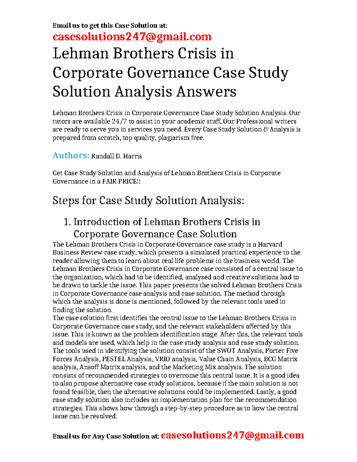 SOLUTION Lehman Brothers Crisis in Corporate Governance - casesolutions247@gmail Lehman Brothers ...